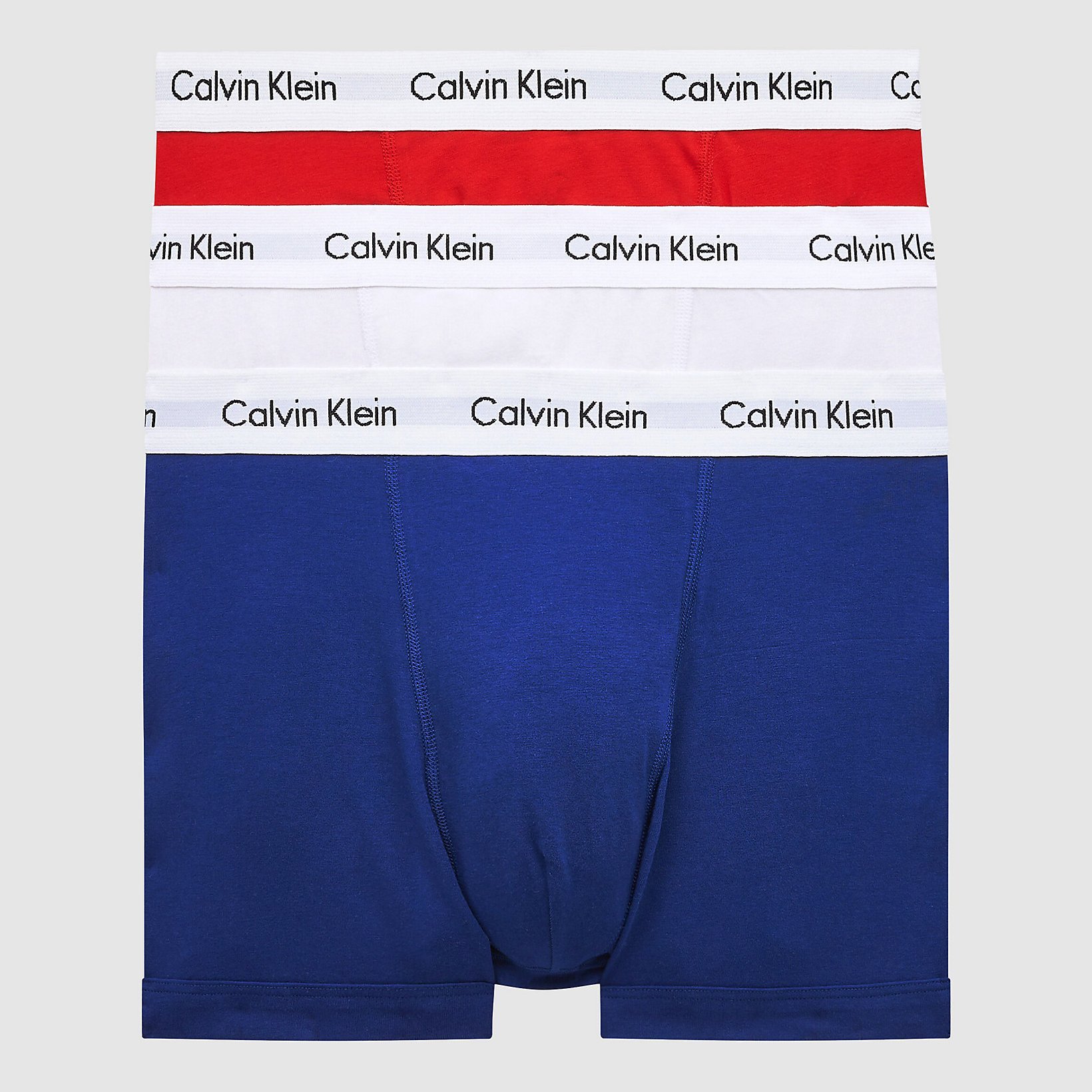 Calvin Klein 3 Pack Trunks - Mid Rise - Cotton Stretch, White/Red/Blue
