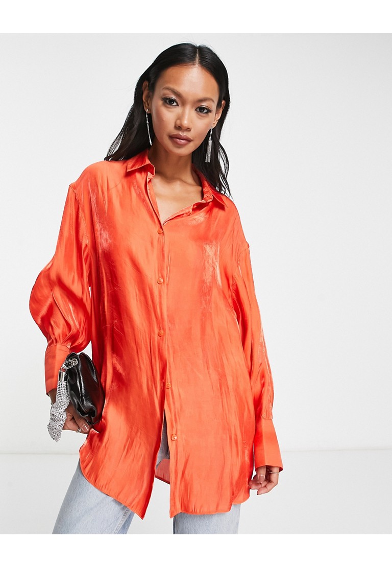 ASOS DESIGN oversized metallic shirt with volume sleeve and deep cuff ...