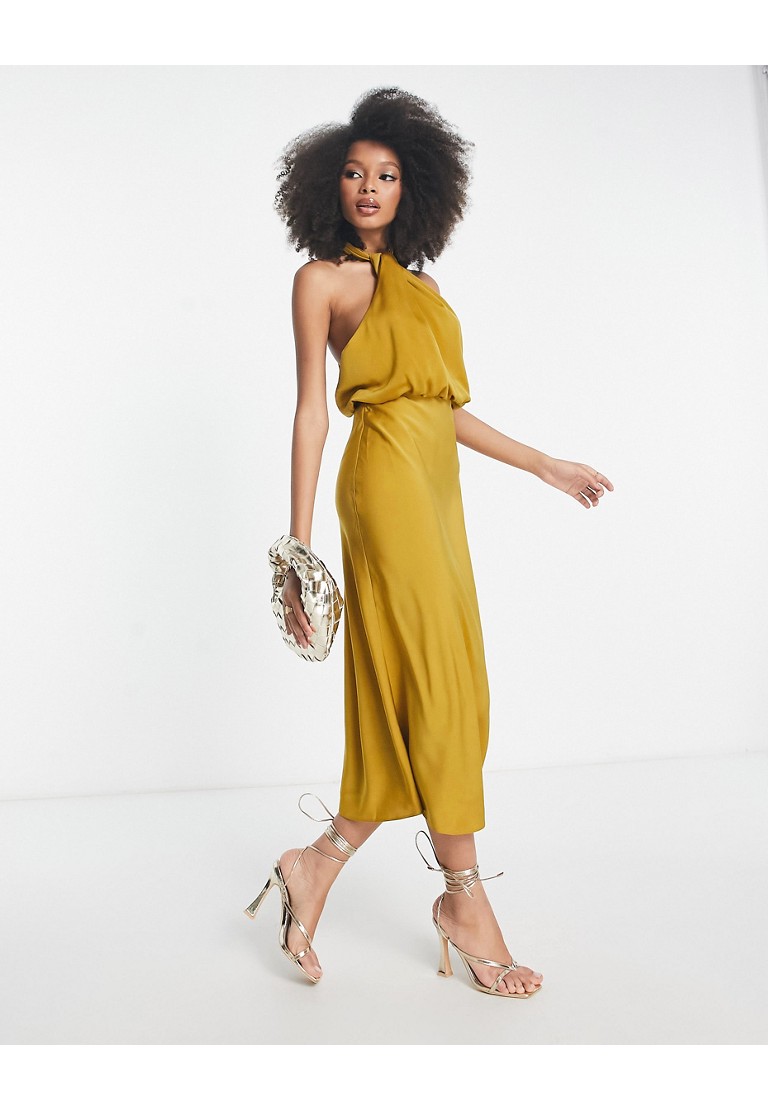 ASOS DESIGN satin cross halterneck midi dress in gold