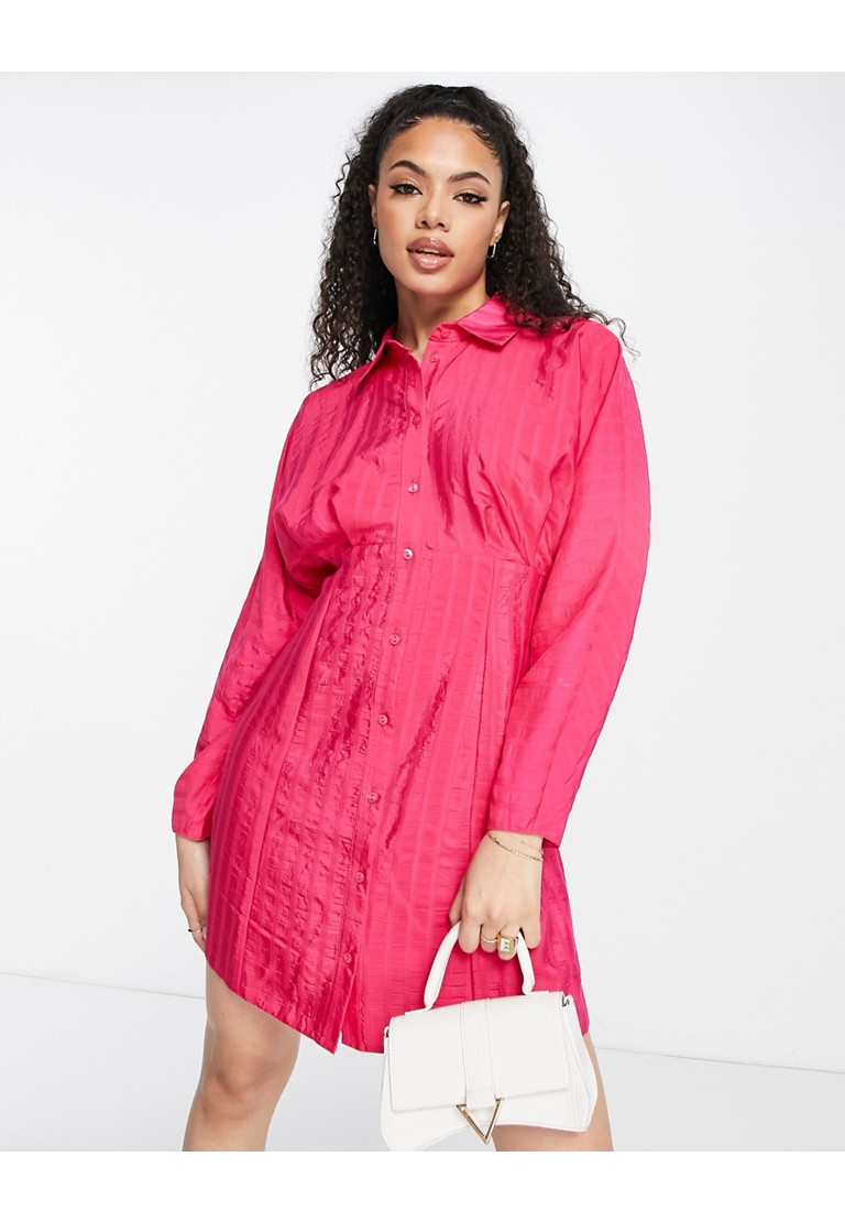 ASOS DESIGN texture stripe volume sleeve mini shirt dress in hot pink