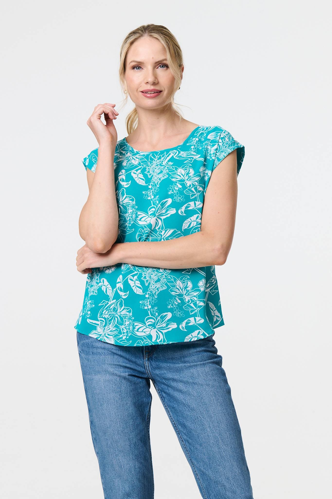Green Floral Turn-Up Cap Sleeve Shell Top