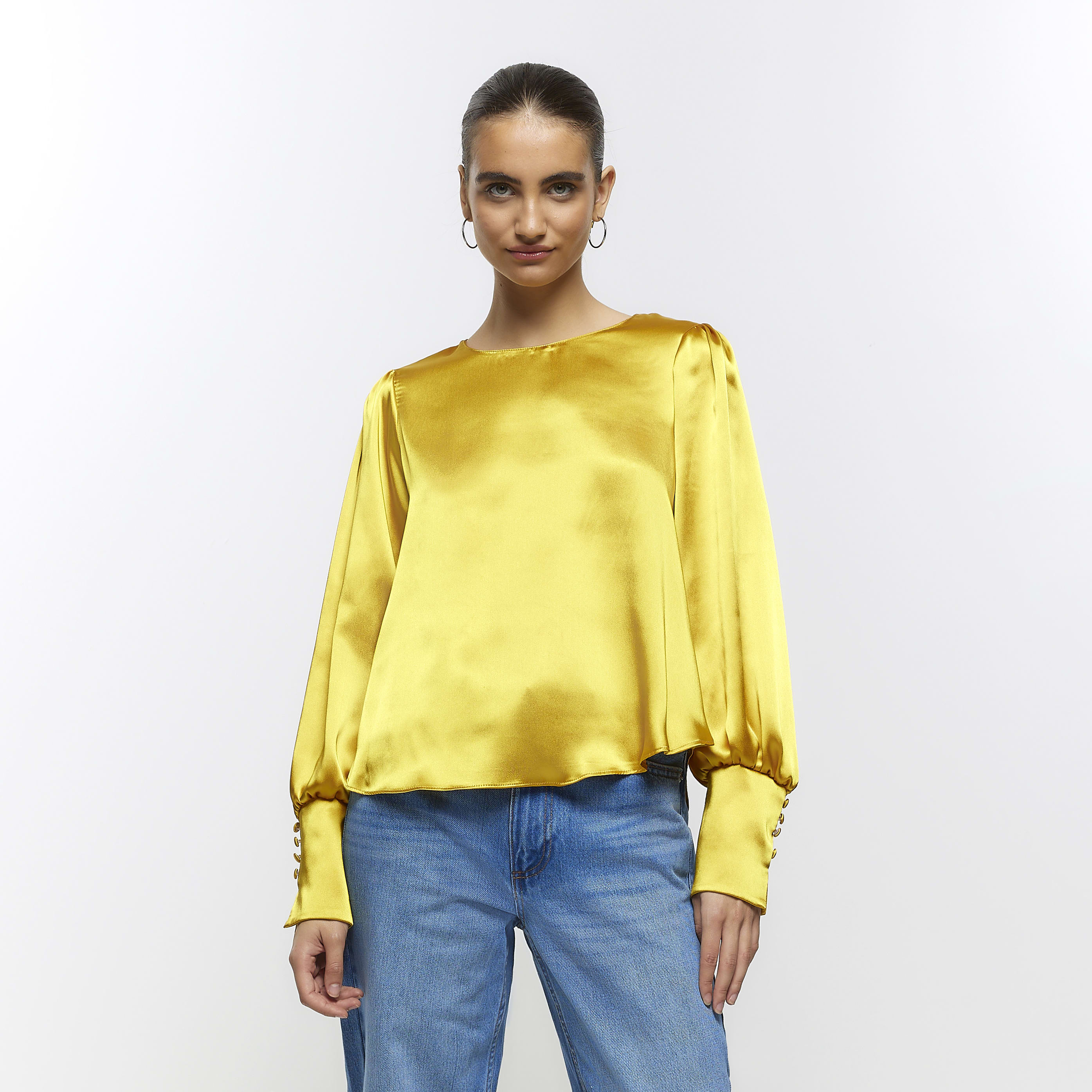 River Island Womens Blouse Yellow Satin Long Sleeve