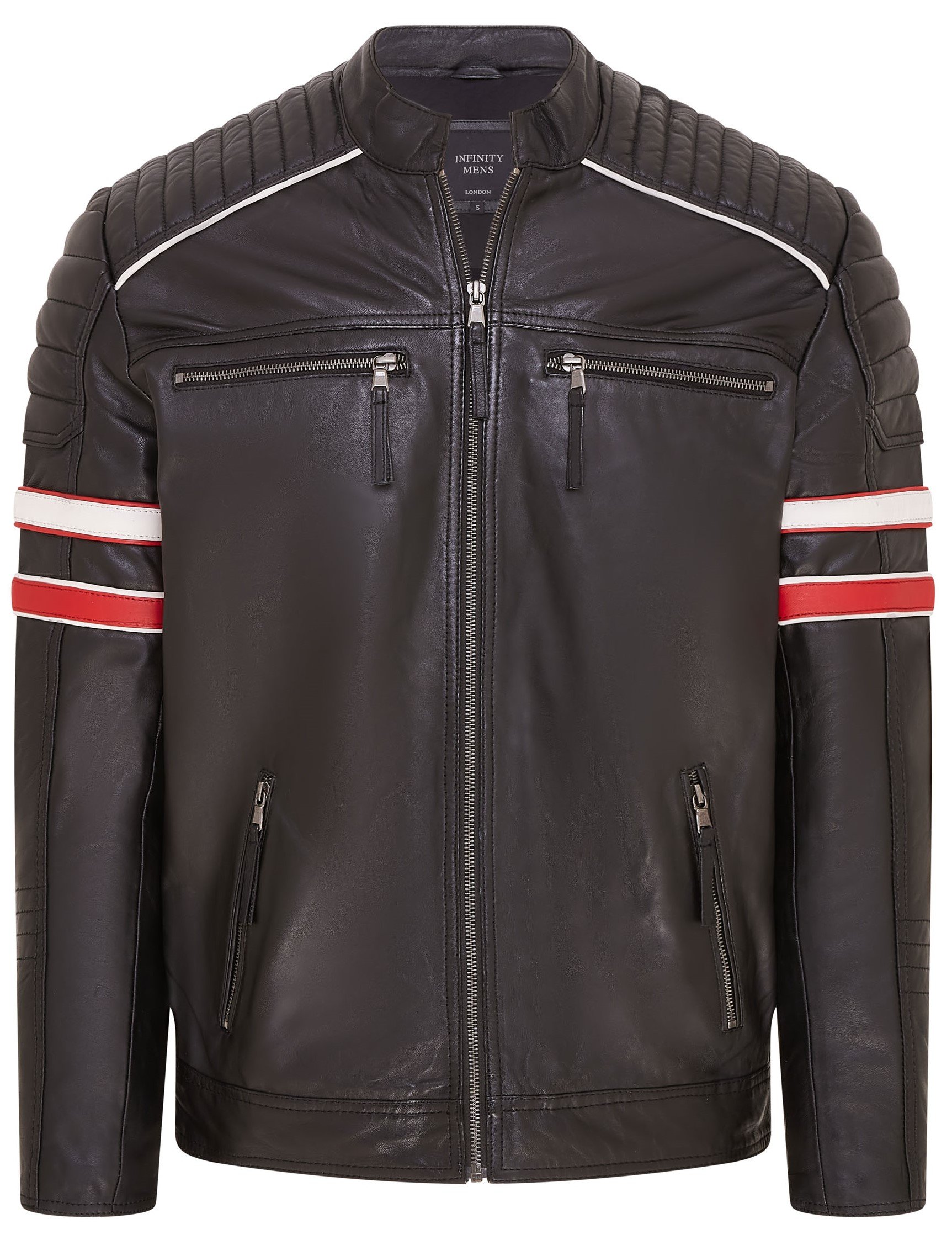 Mens Black Quilted Leather Biker Racing Jacket- Brevik