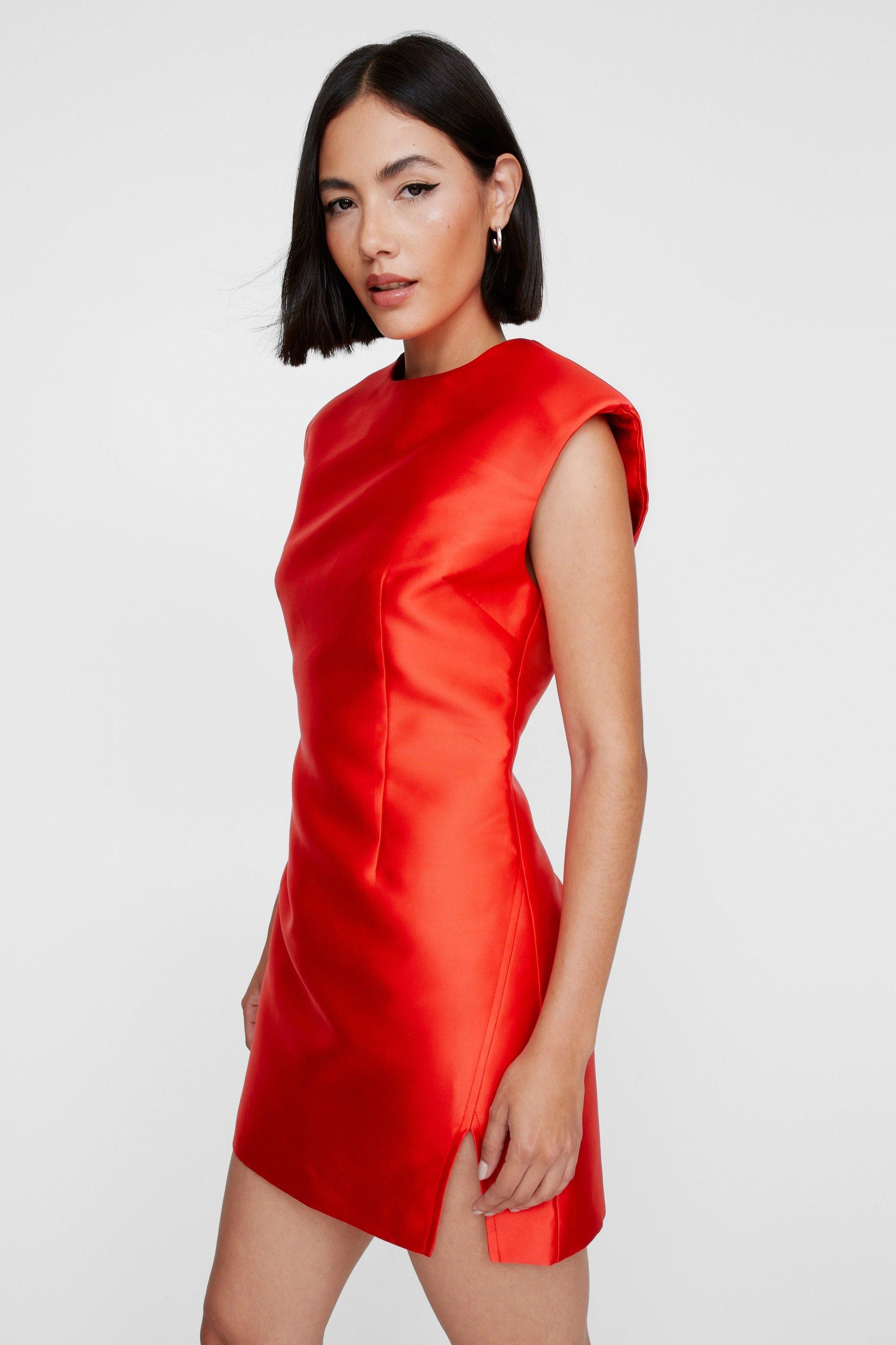 Structured Satin Shoulder Pad Side Split Dress