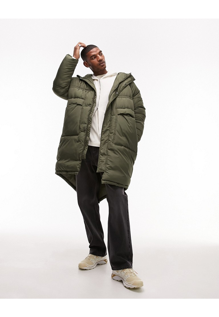 Topman long line puffer coat with fishtail in khaki-Green
