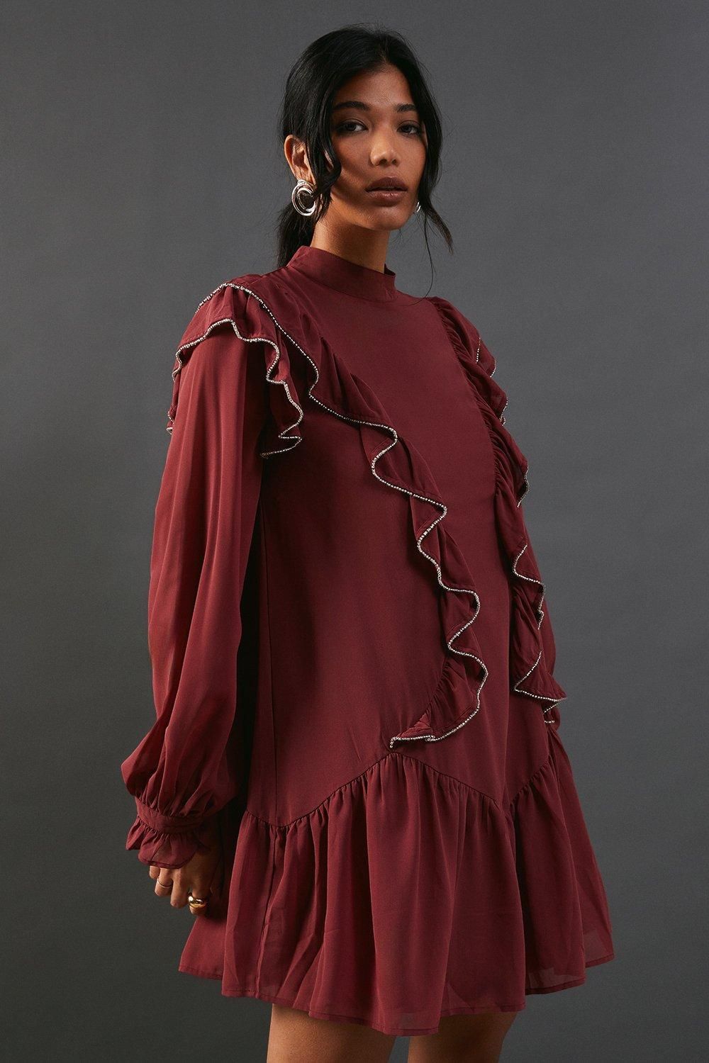 Hand Embellished Ruffle Mini Smock Dress