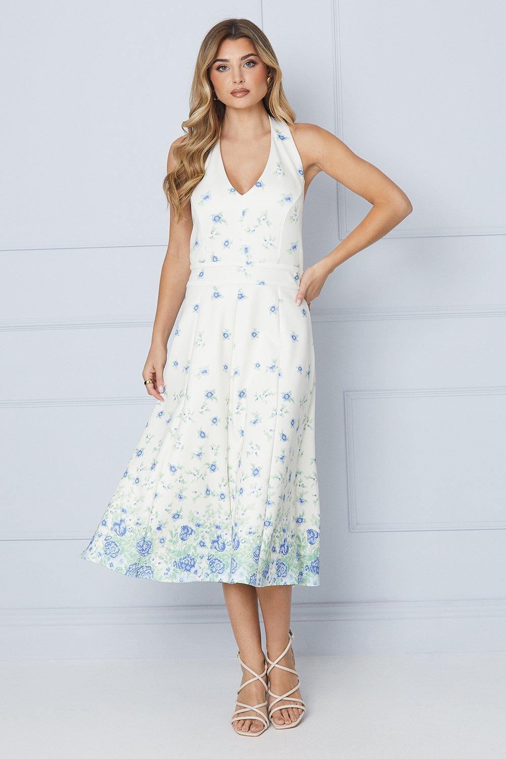 Blush Floral Halter Scuba Trim Insert Midi Dress