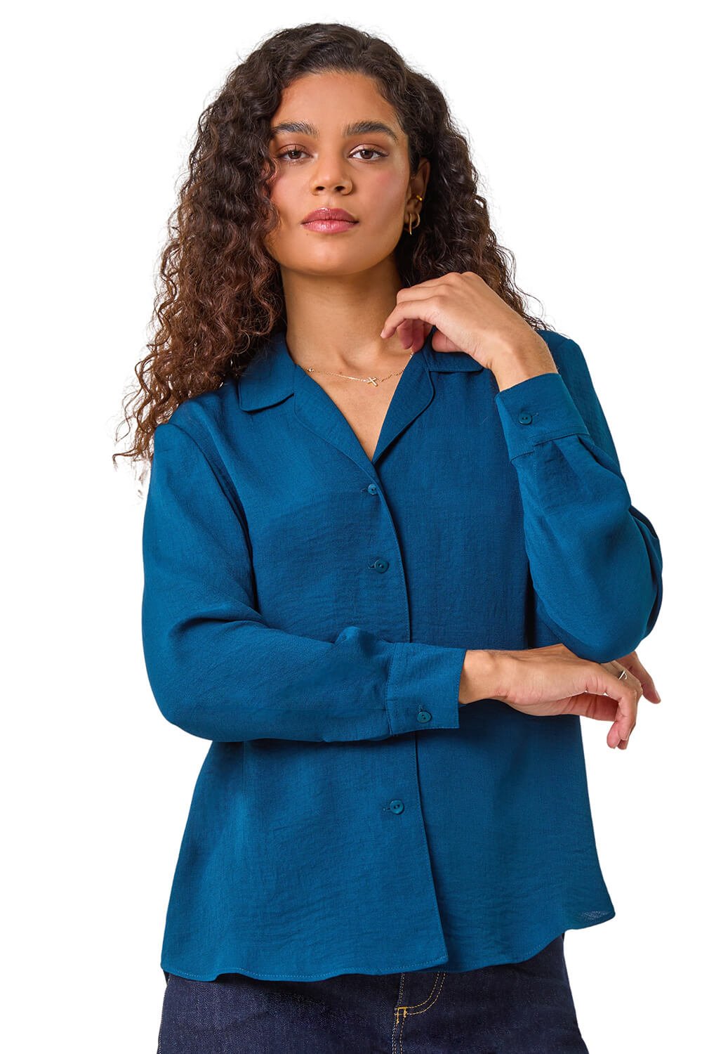 Plain V-Neck Collar Button Detail Blouse