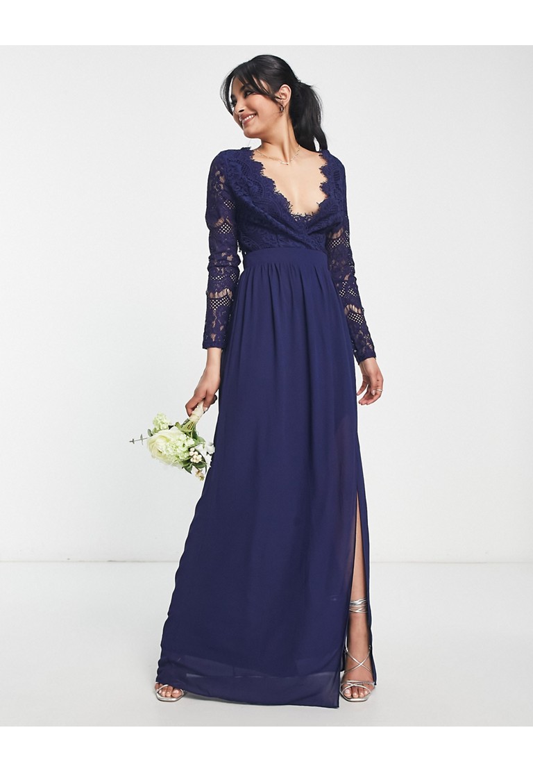 TFNC Bridesmaid open back lace maxi dress in navy blue