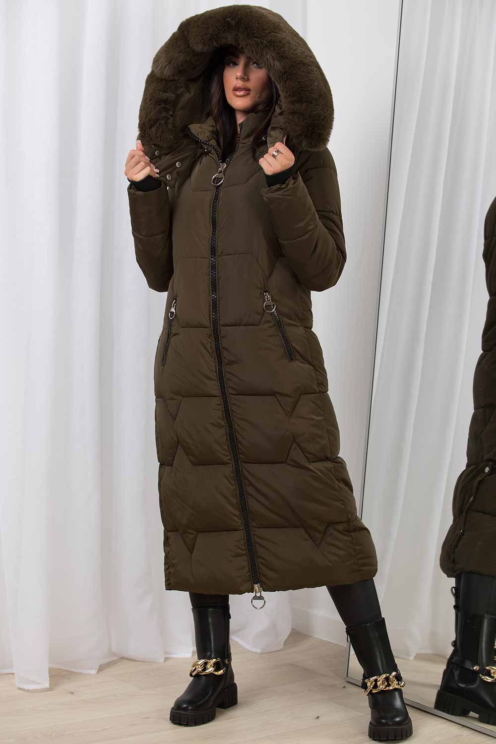 Jess Women’s Long Puffer Coat with Faux Fur Hood & Zip Pockets