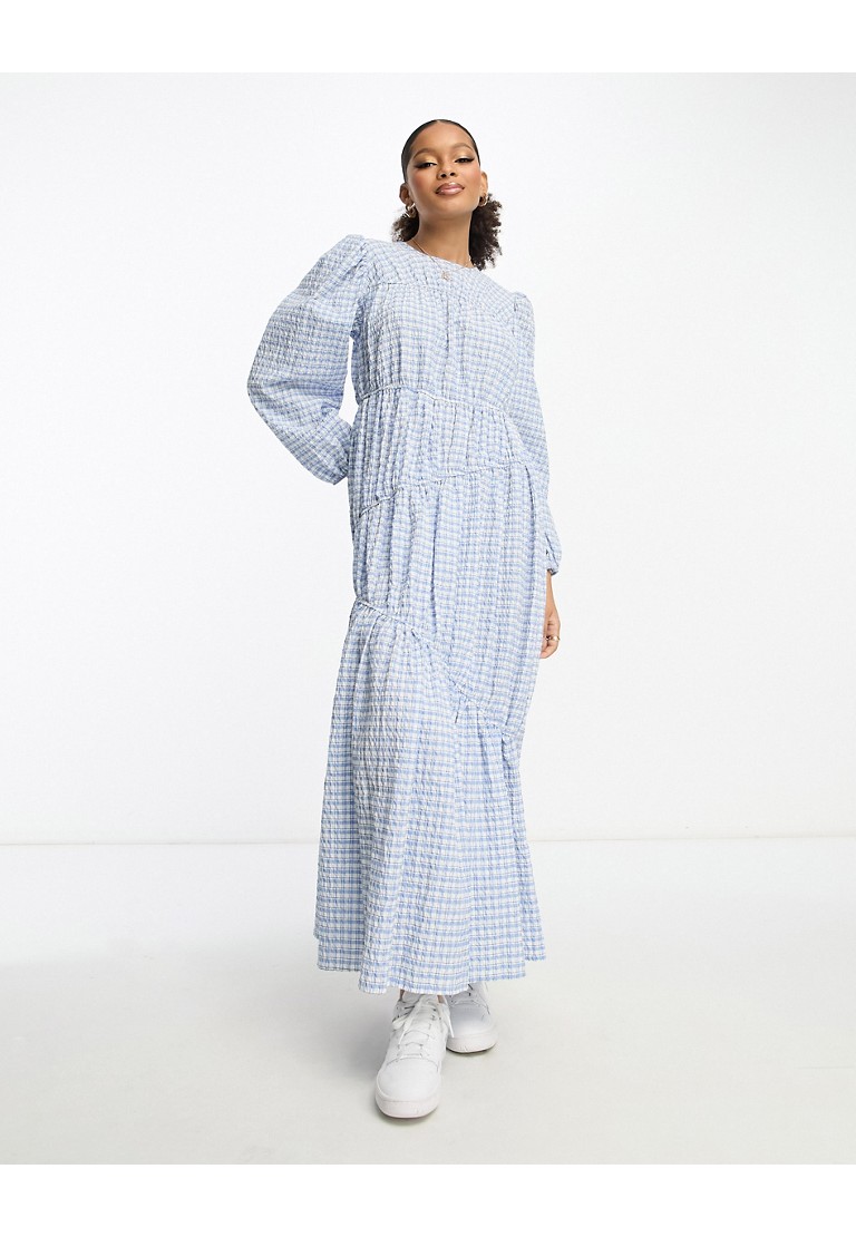 ASOS DESIGN gathered tiered maxi dress in blue picnic check-Multi