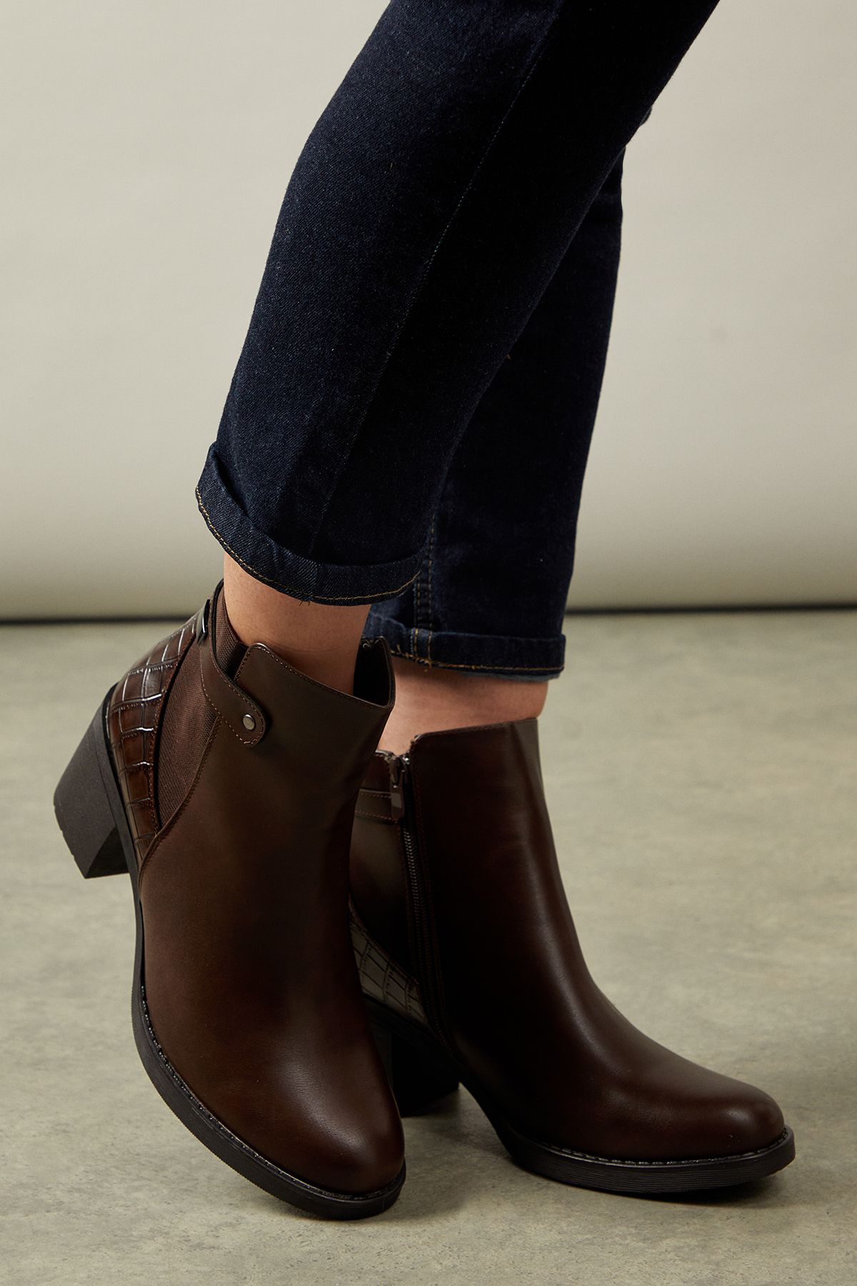 Merida Mix Material Block Heel Ankle Boot