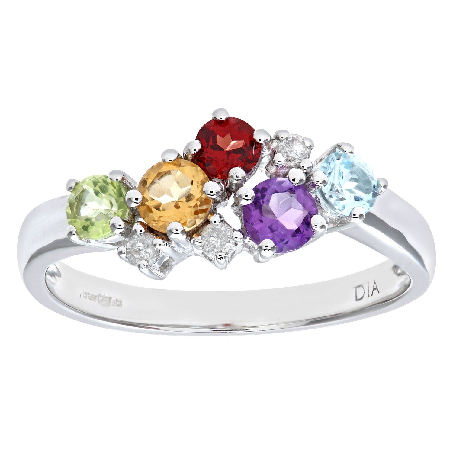 Ladies 9ct White Gold Diamond & Multi Gem Stone Dress Ring