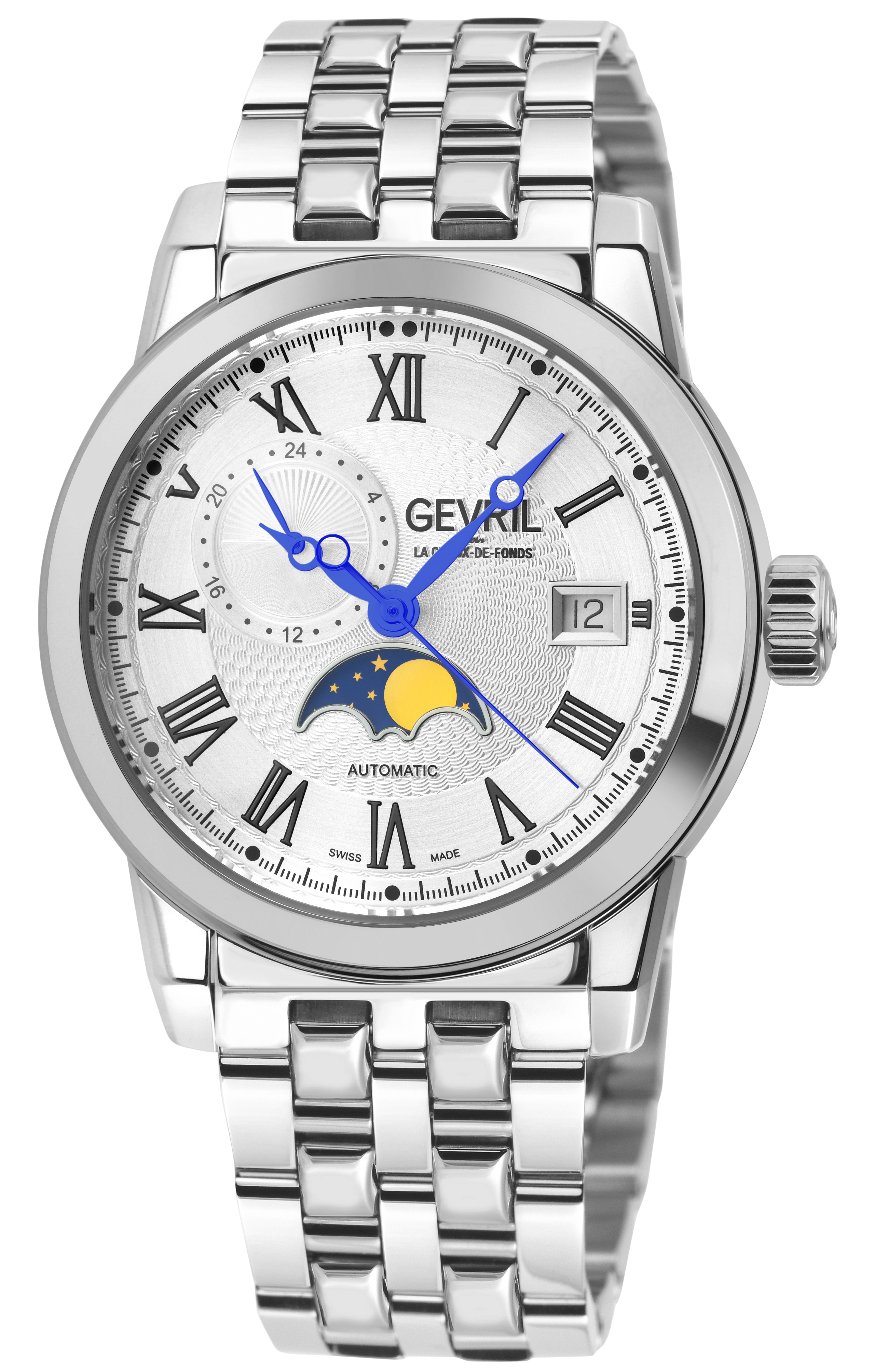 Gevril Men's Madison Sellita SW285-B Moon phase Open Heart ,Silver ...