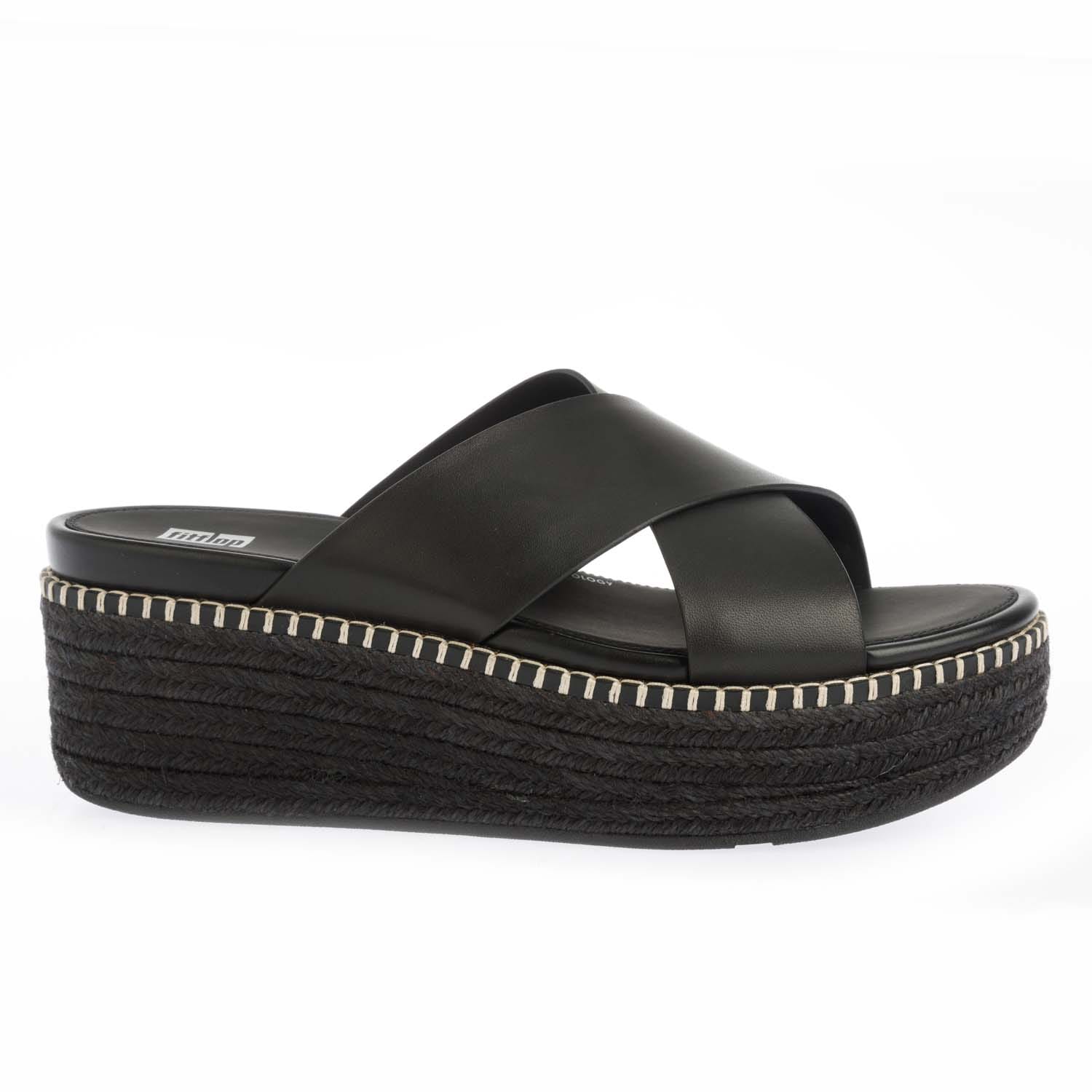 Women's Fit Flop Eloise Espadrille Wedge Cross Slide Sandals in Black