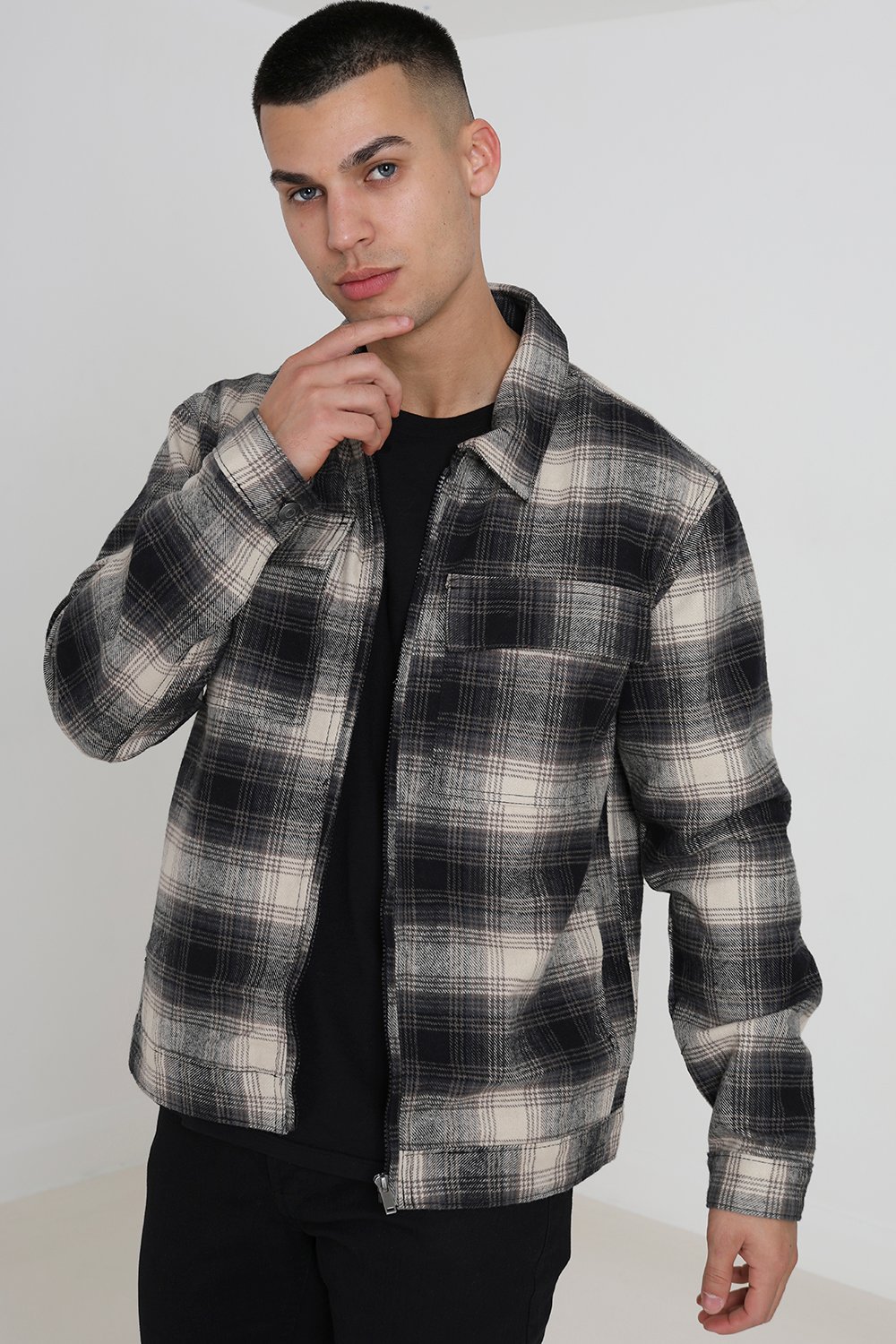 Black 'Bradford' Zip Through Cotton Check Lightweight Jacket