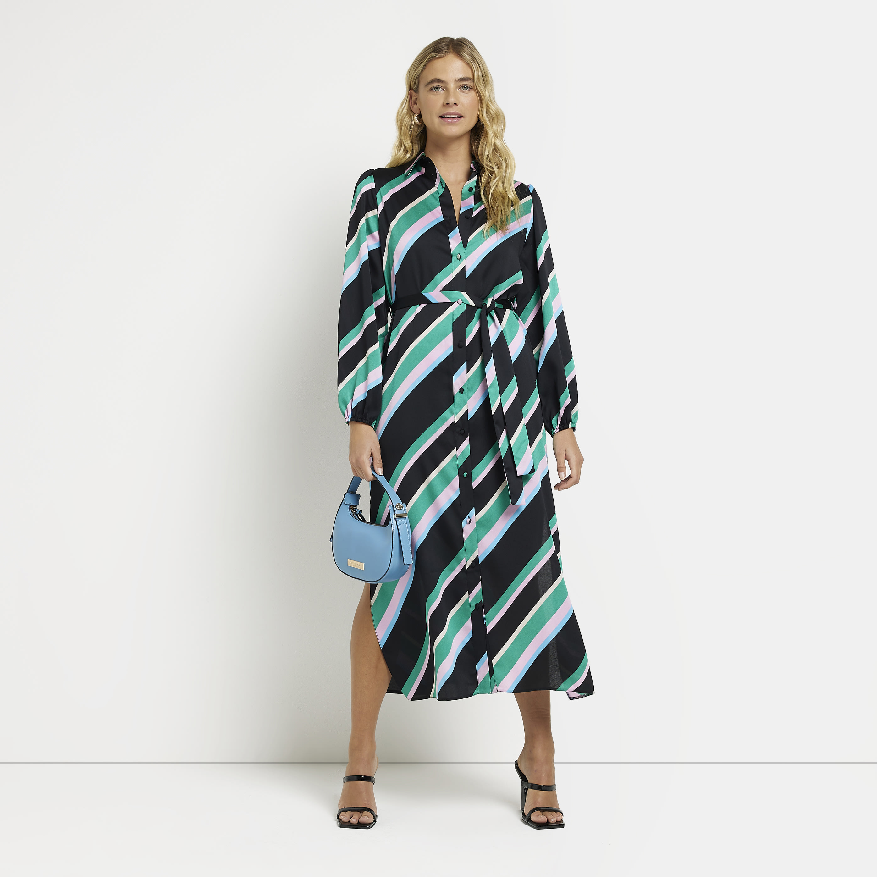 River Island Womens Midi Shirt Dress Black Satin Stripe