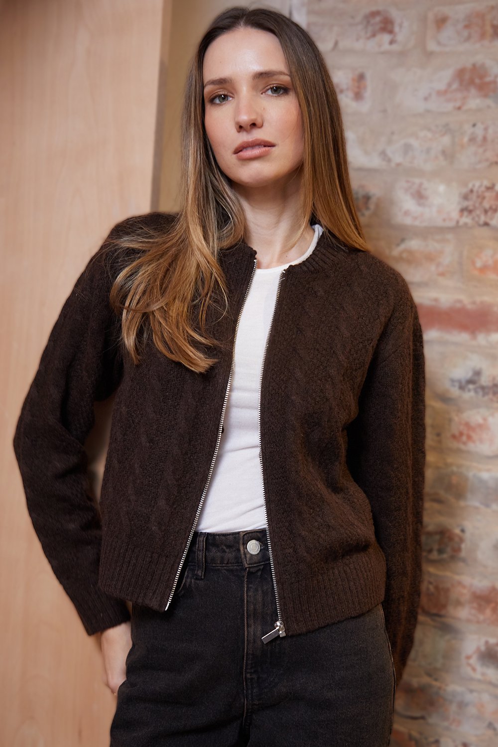 Chocolate Zip-Up Cable Knit Bomber Jacket