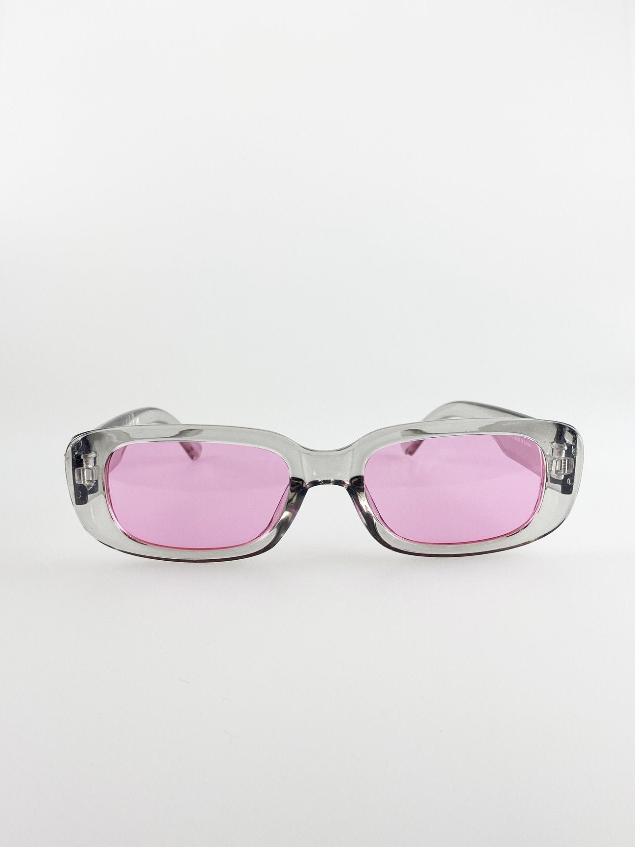 Retro Rectangle Sunglasses With Pink Lenses and Light Grey Frame