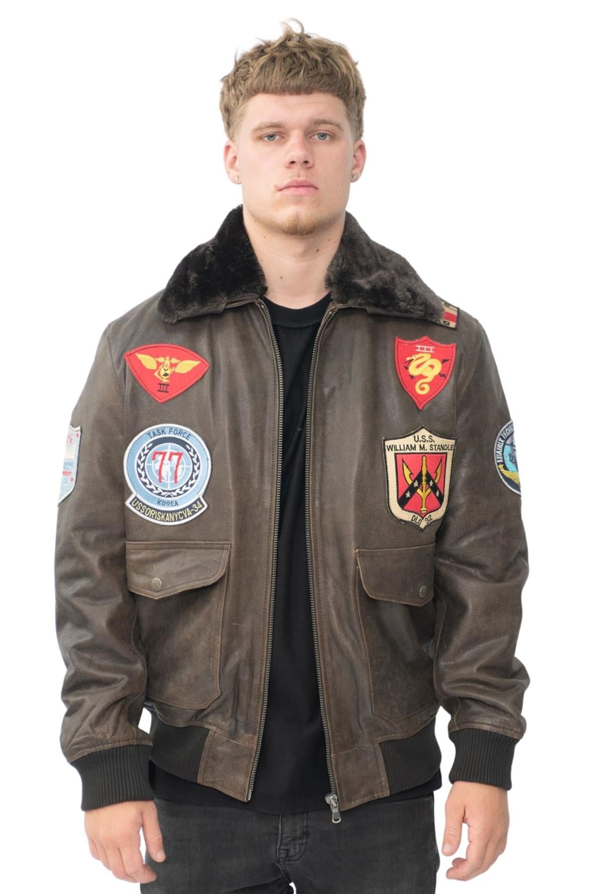 Mens Brown Leather US Aviator Bomber Jacket - Warsaw
