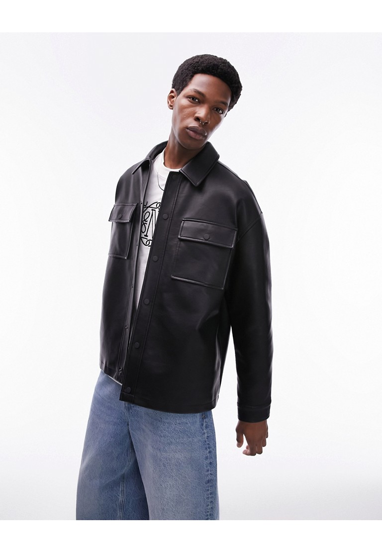 Topman faux leather shacket in black
