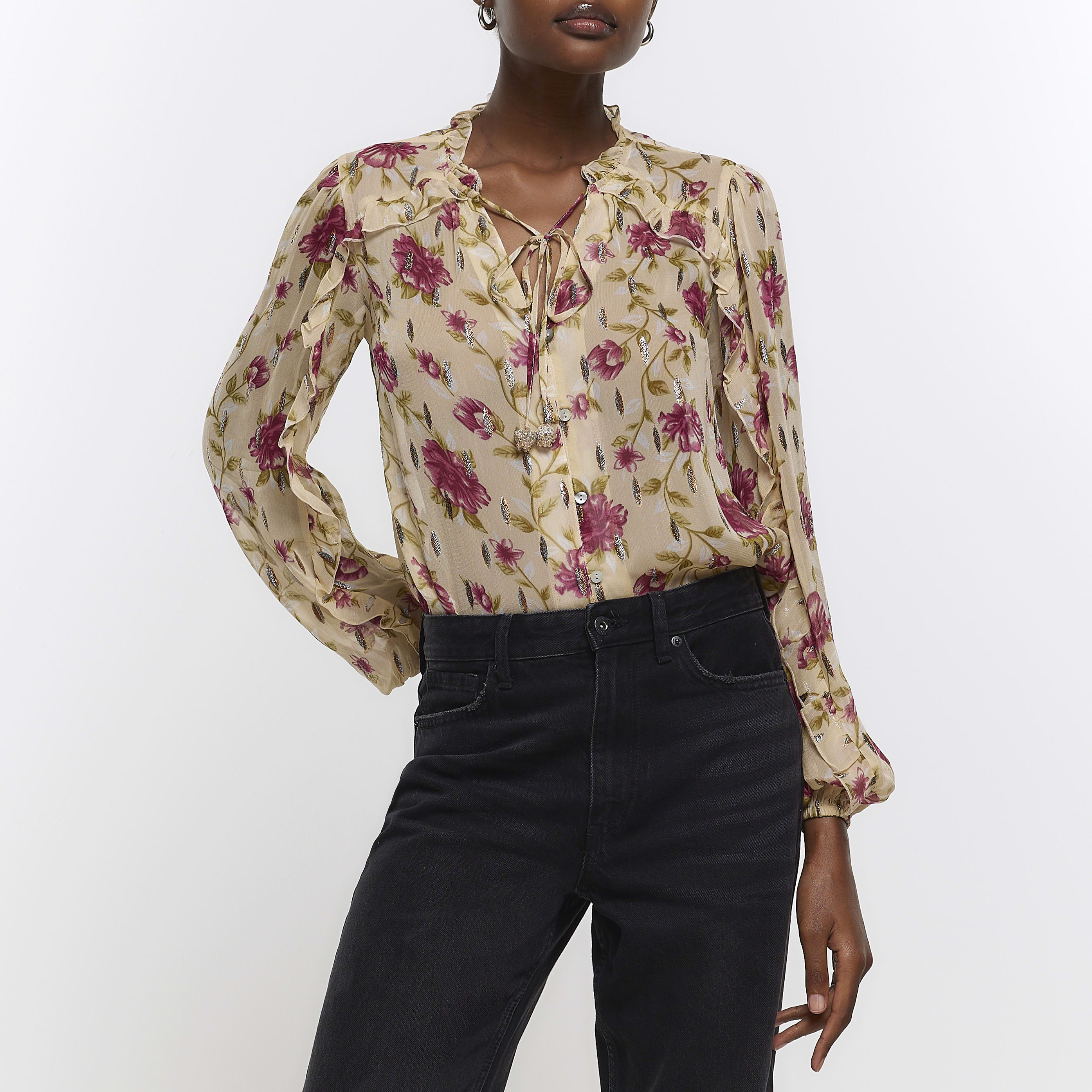 River Island Womens Blouse Cream Chiffon Floral
