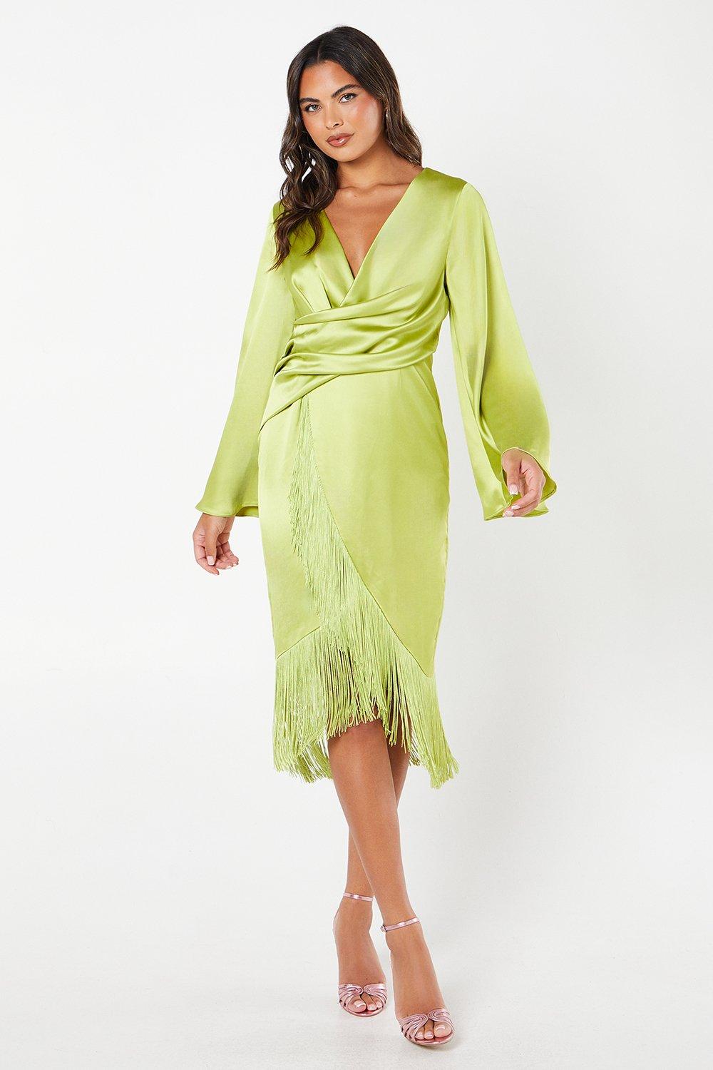 Satin Fringe Hem Wrap Waist Midi Dress