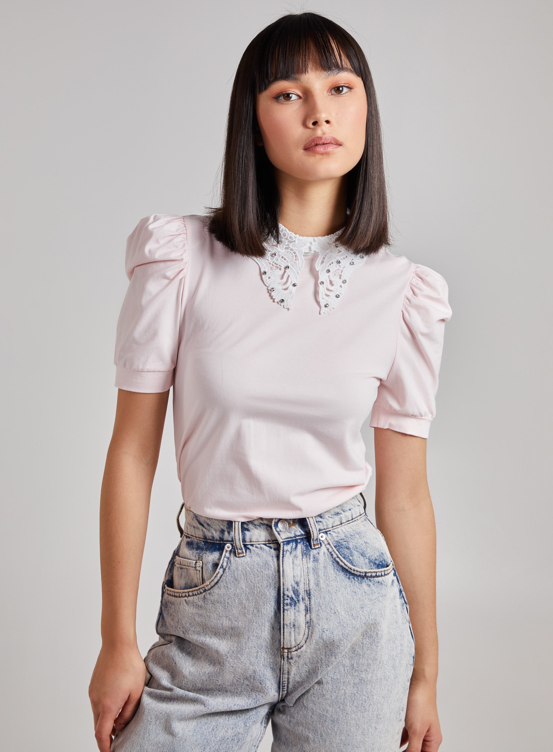 Puff Shoulder Lace Detail Top