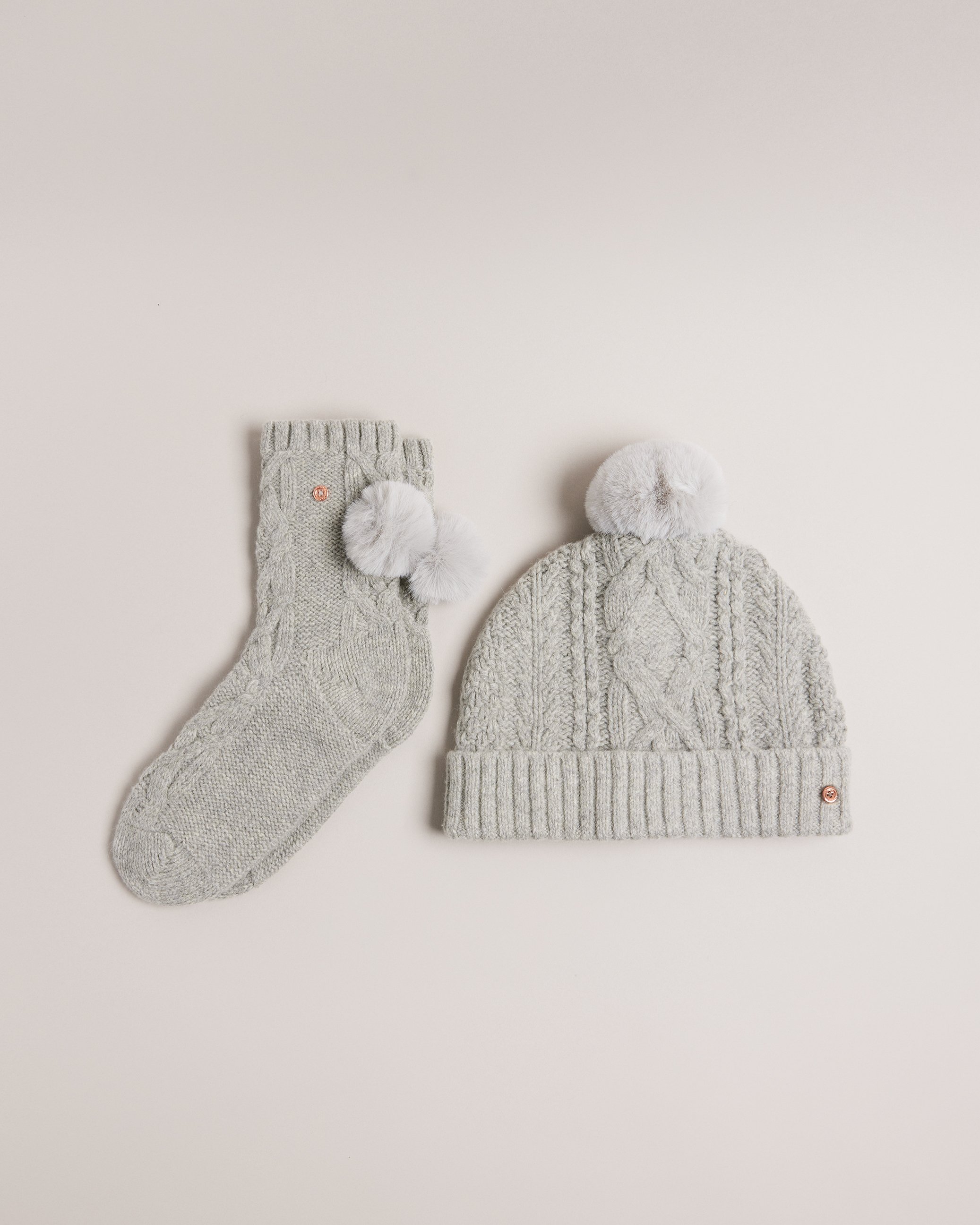Ted Baker Raisa Knitted Pom Hat And Sock Set, Grey