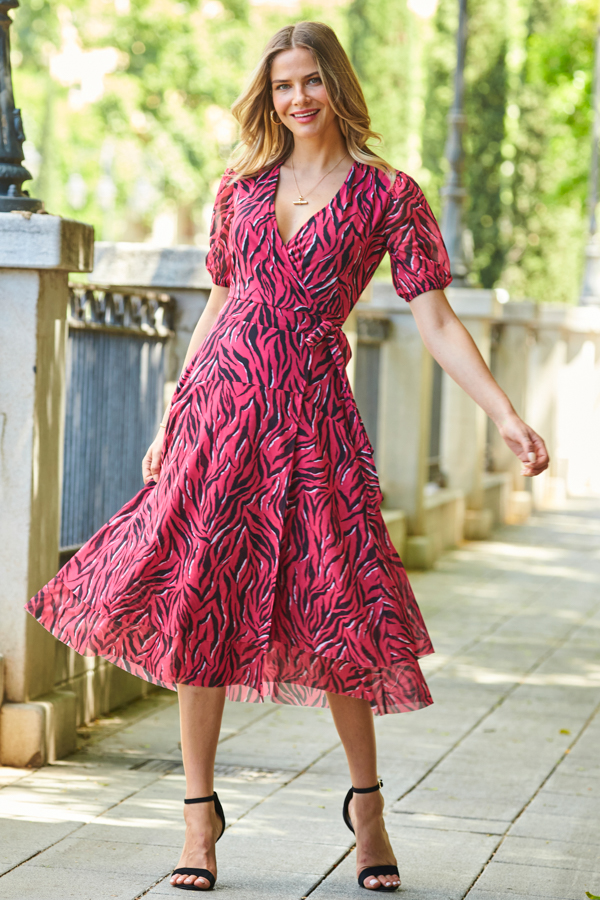 Pink Animal Print Mesh Wrap Dress