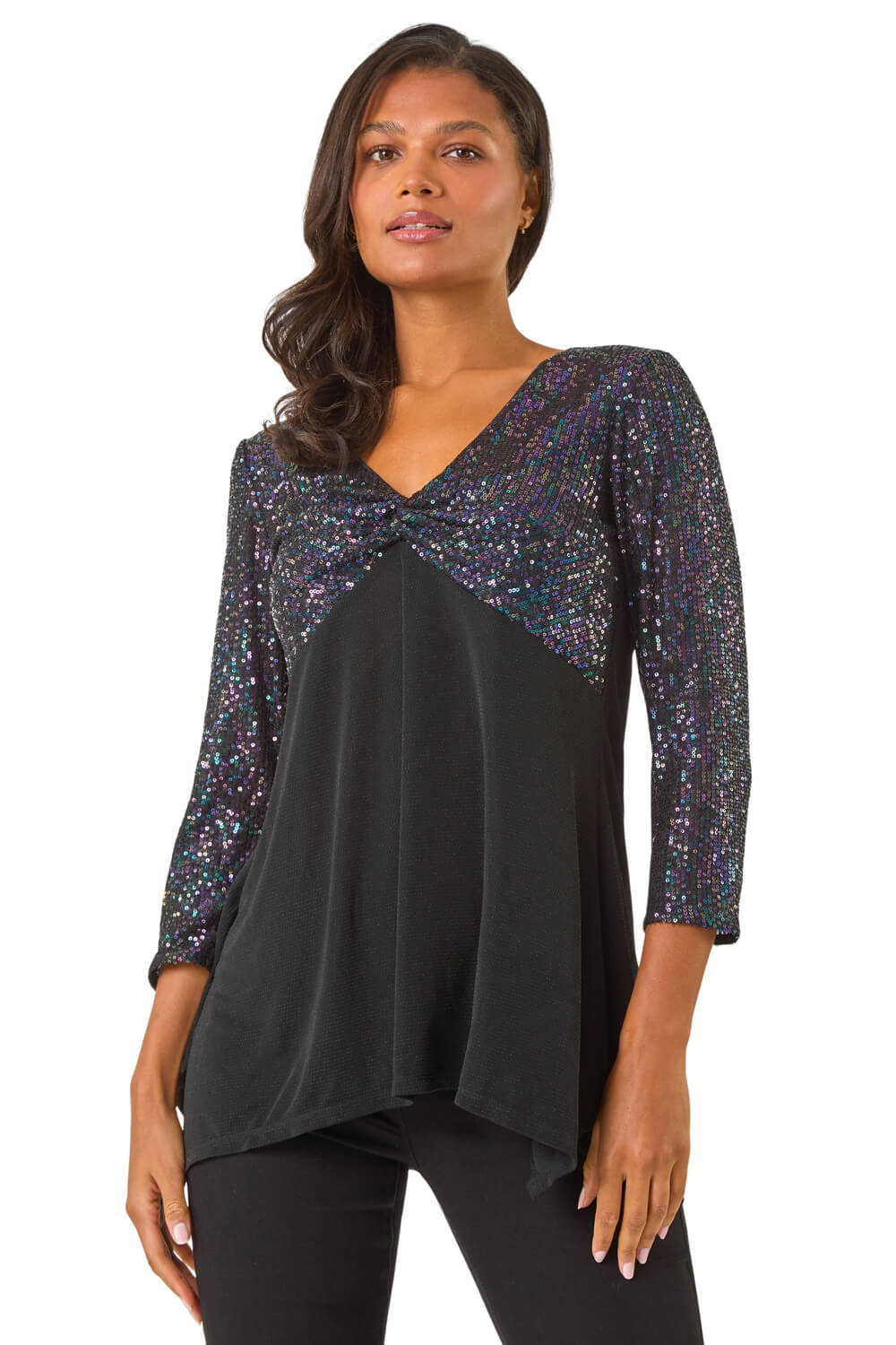 Sequin Bodice V-Neck Stretch Tunic Top