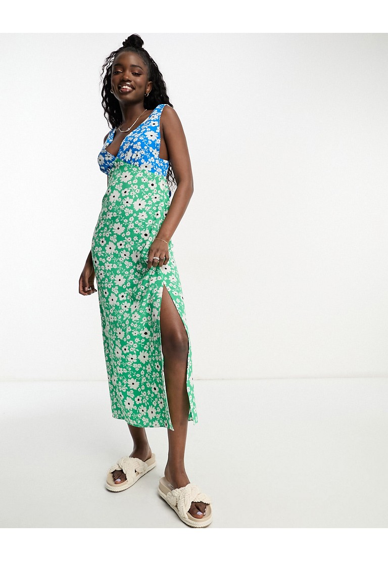 ASOS DESIGN open back slip midi dress in mixed prints-Multi