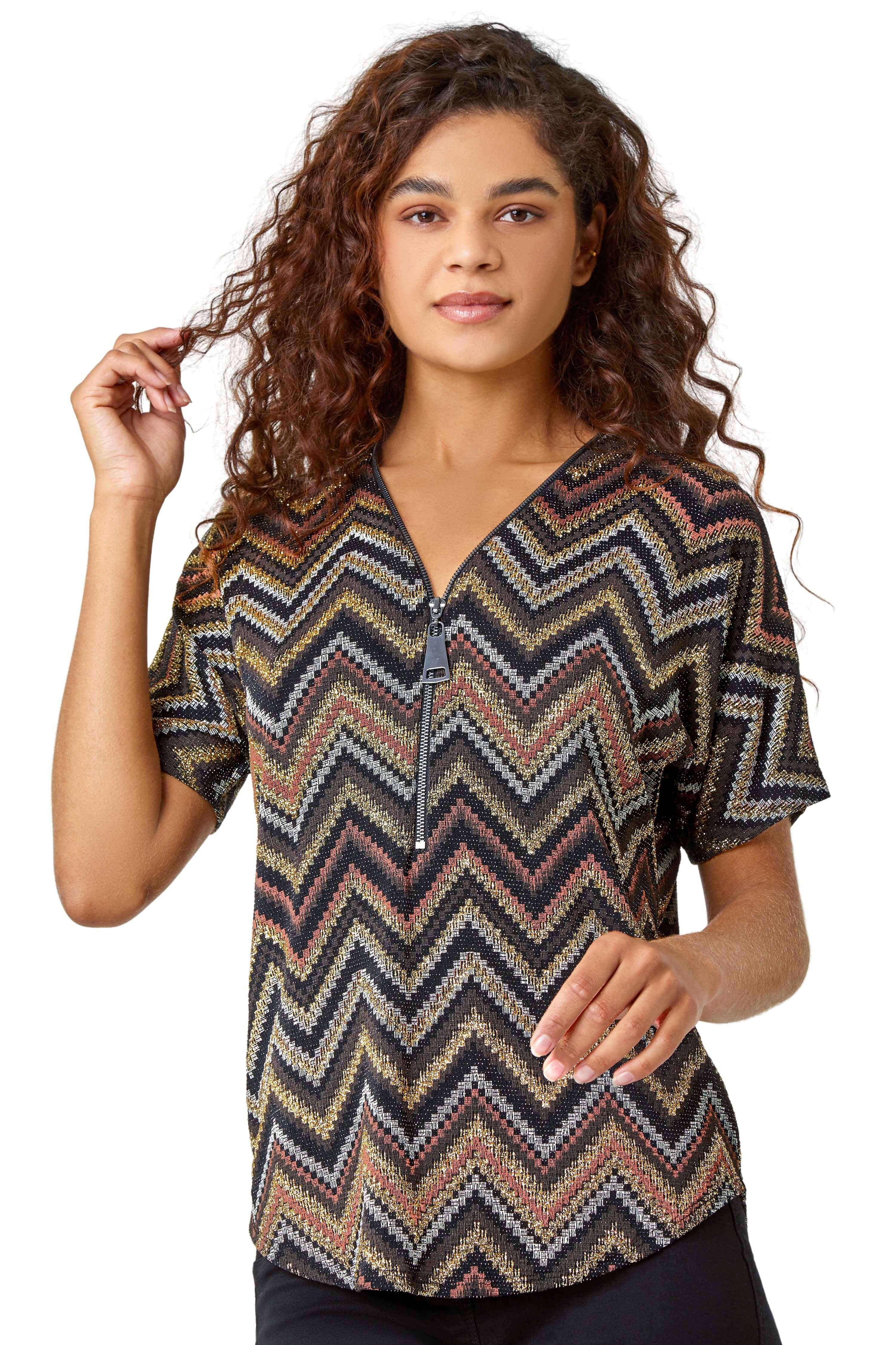 Glitter Zig Zag Zip Front Stretch Top
