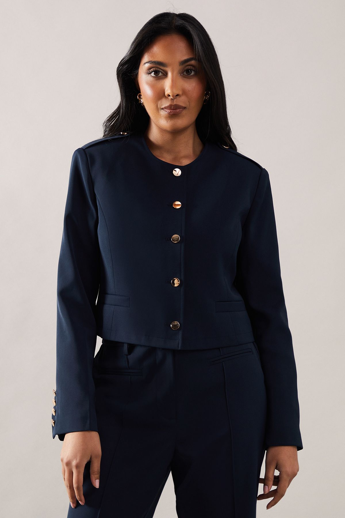 Petite Collarless Military Jacket