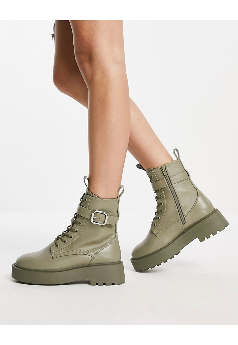 ASOS DESIGN Alix chunky lace up ankle boots in khaki-Green