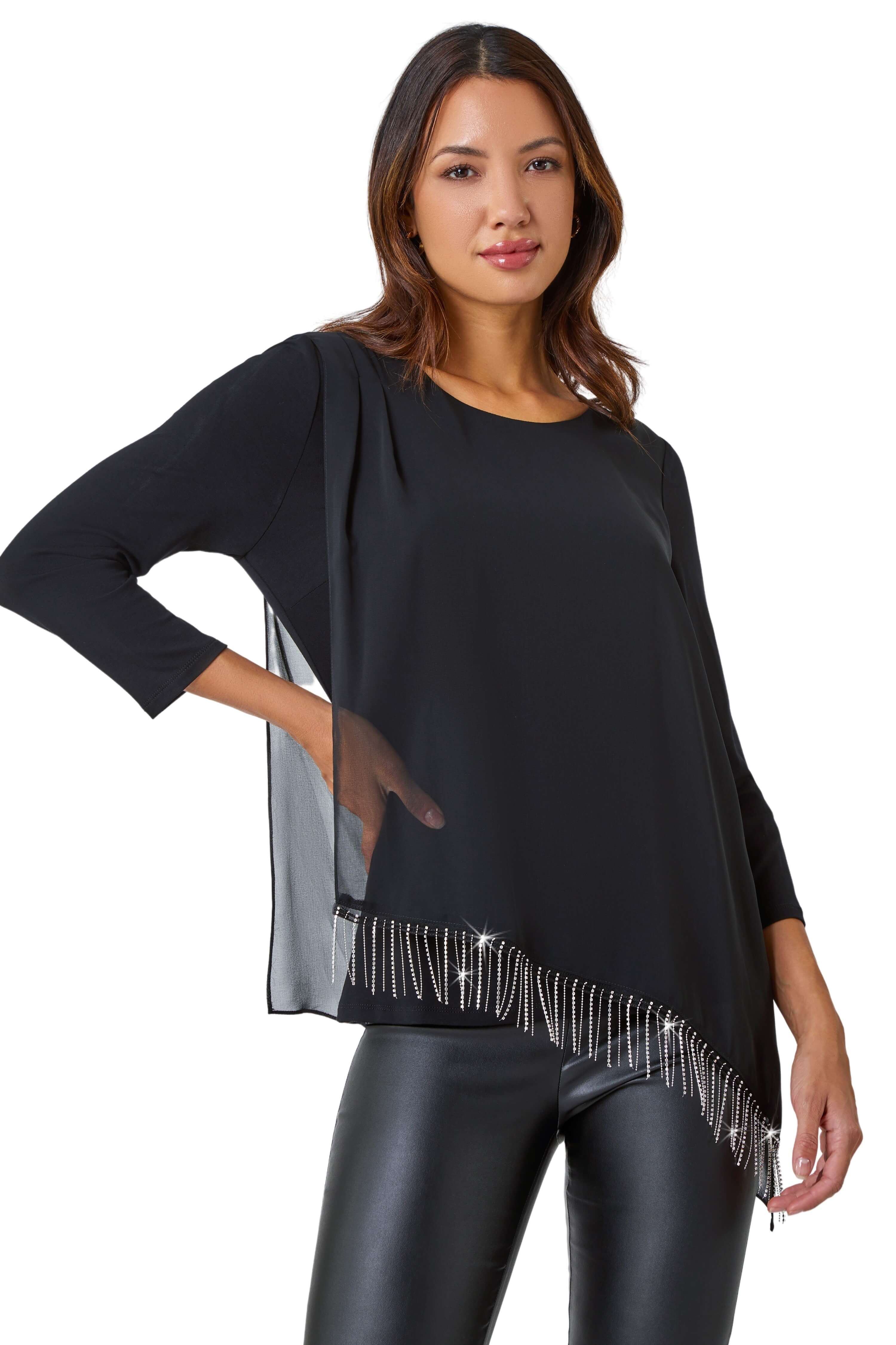 Asymmetric Hotfix Detail Overlay Tunic Top