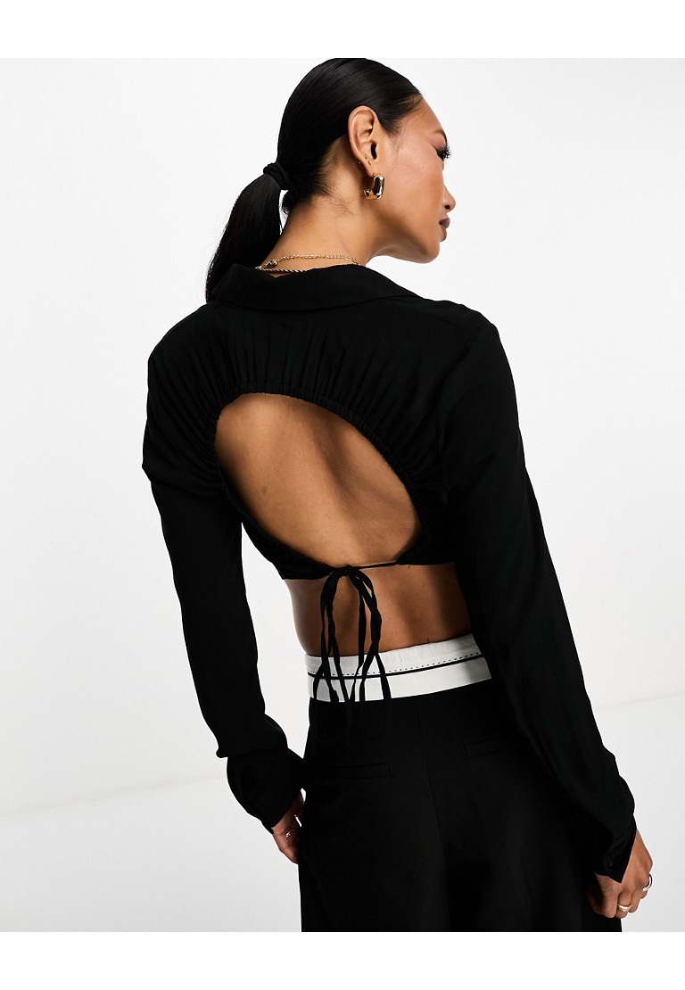 ASOS DESIGN crop shirt with open back in black