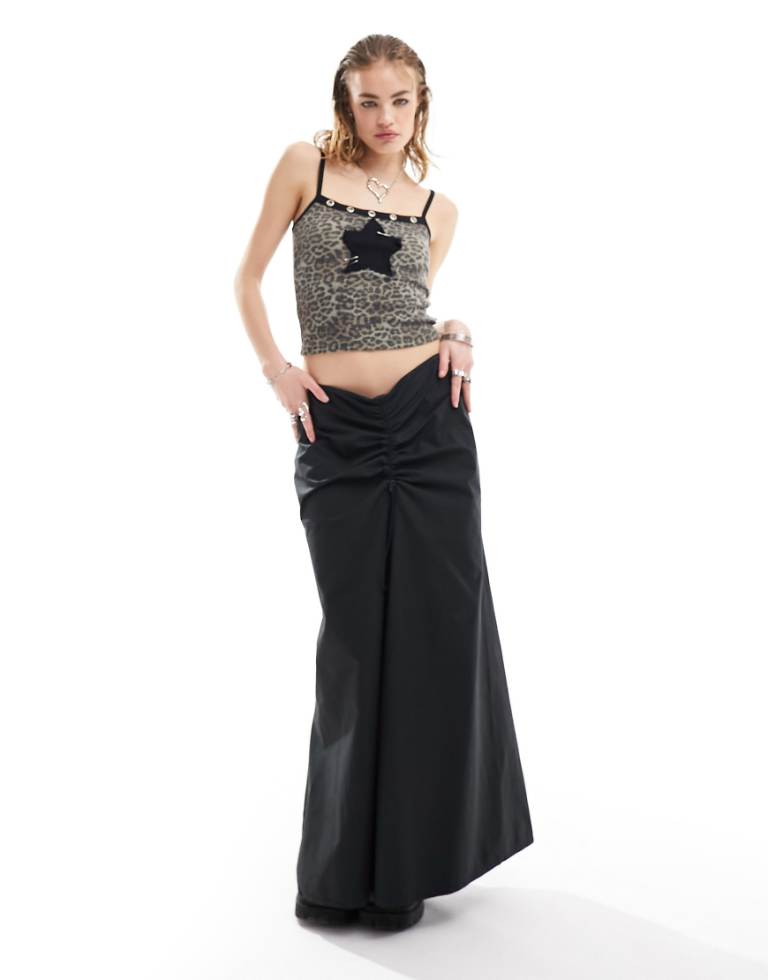 Minga London ruched front midaxi skirt in black