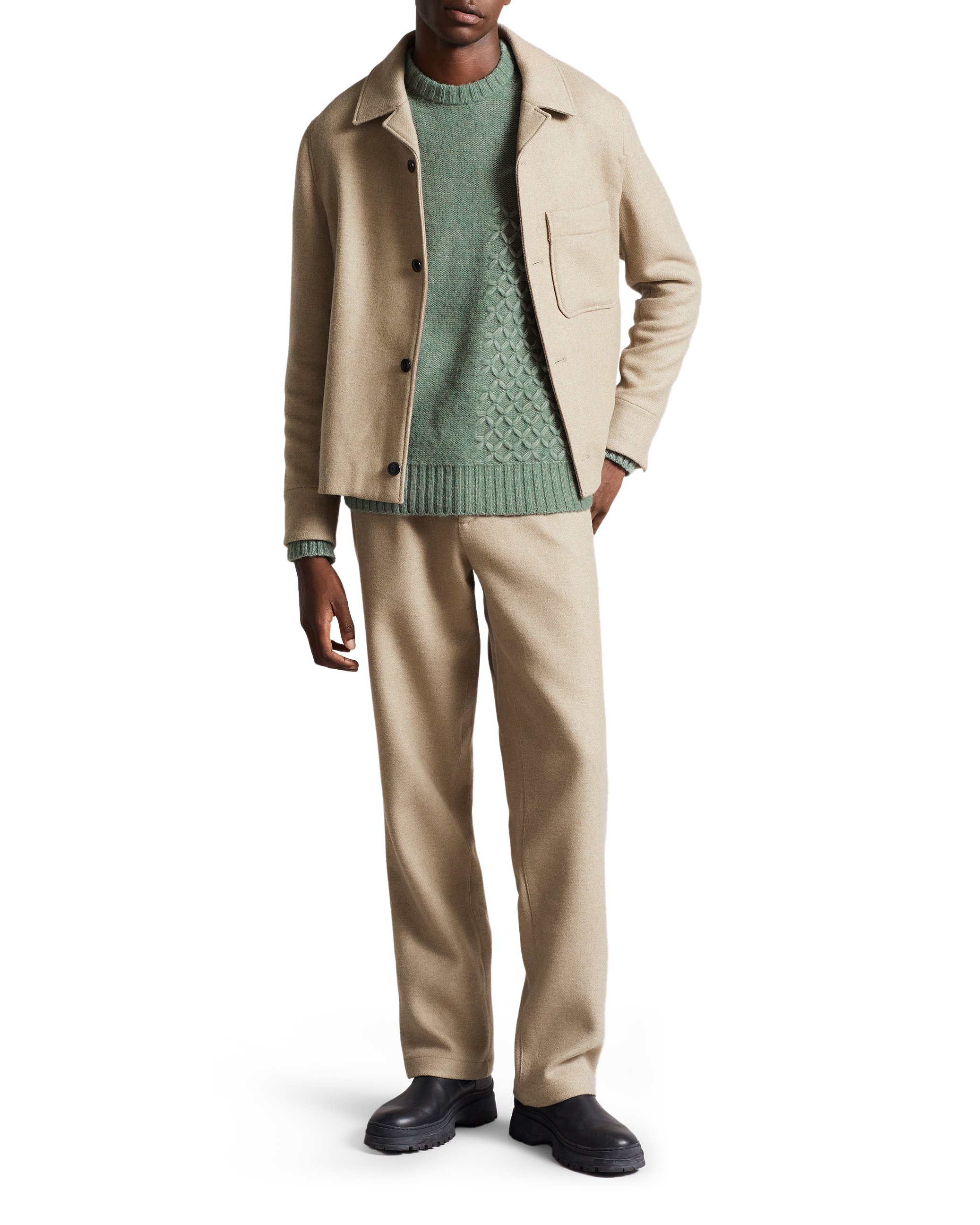 Ted Baker Brokhol Long-Sleeved Mixed Stitch Crew Neck, Pale Green