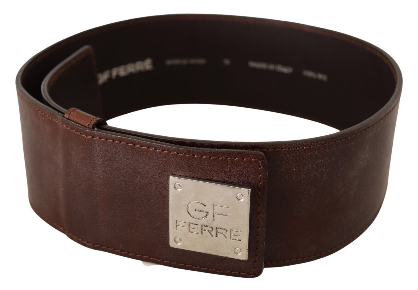 GF Ferre Women's Brown Genuine Leather Wide Logo Buckle Waist Belt
