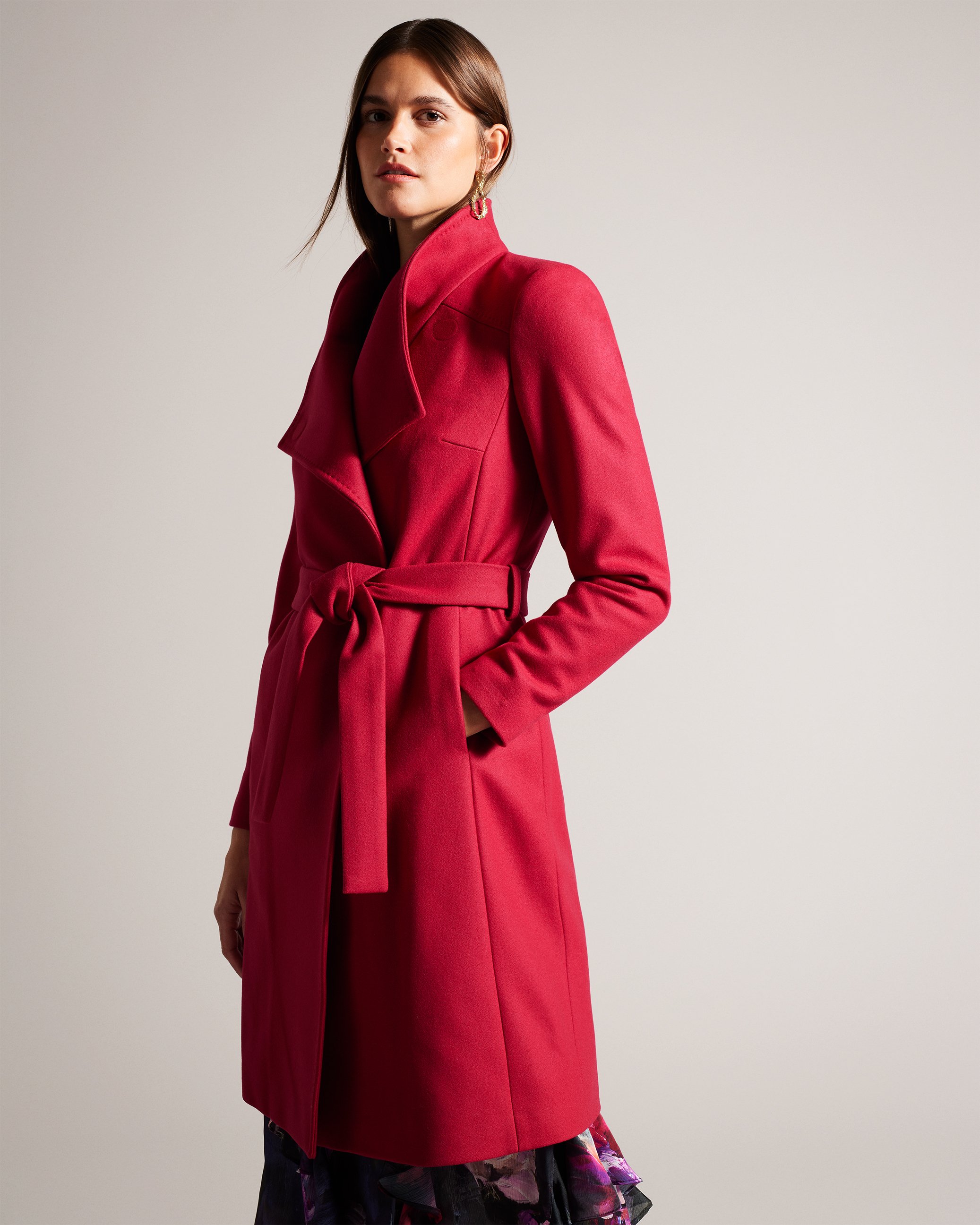 Ted Baker Sandra Midi Belted Wool Wrap Coat, Deep Pink