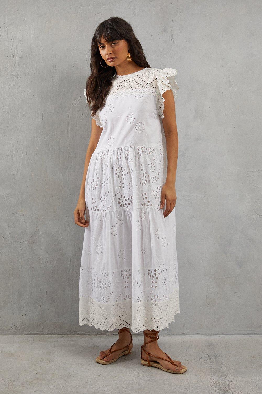 Broderie Mix Tiered Midi Dress