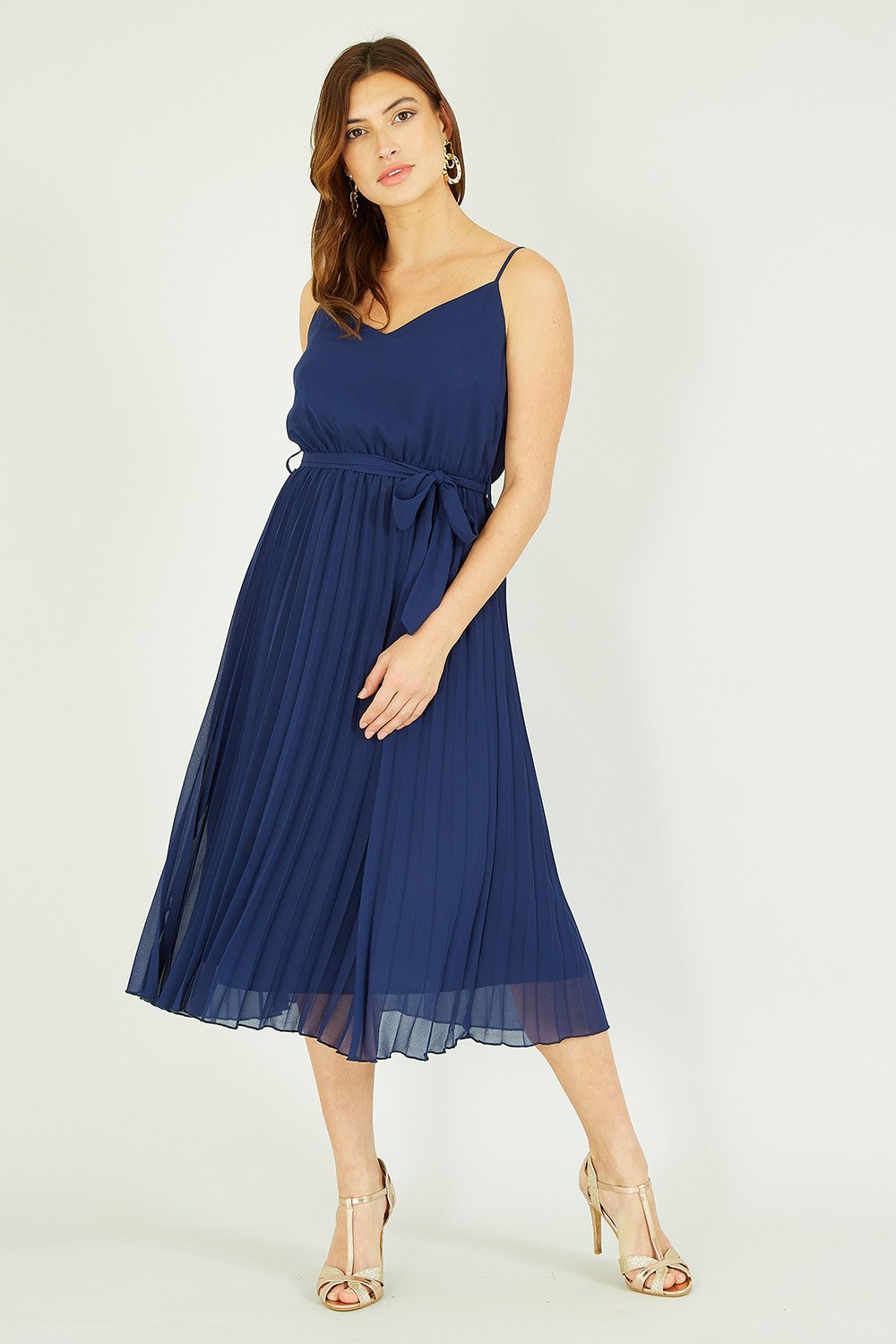 Mela Navy Pleated Strappy Midi Dress
