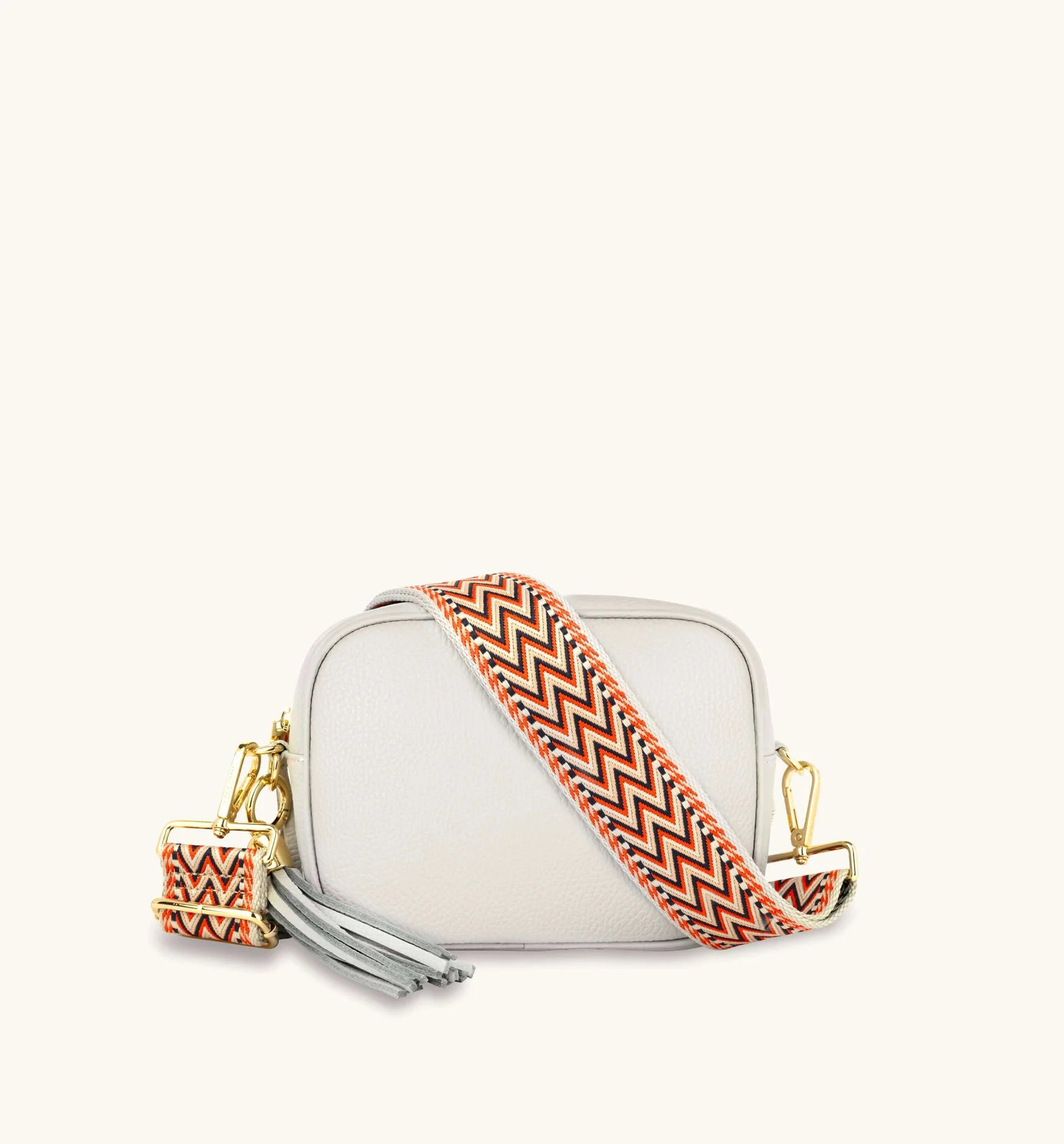 Light Grey Leather Crossbody Bag With Grey Boho Strap