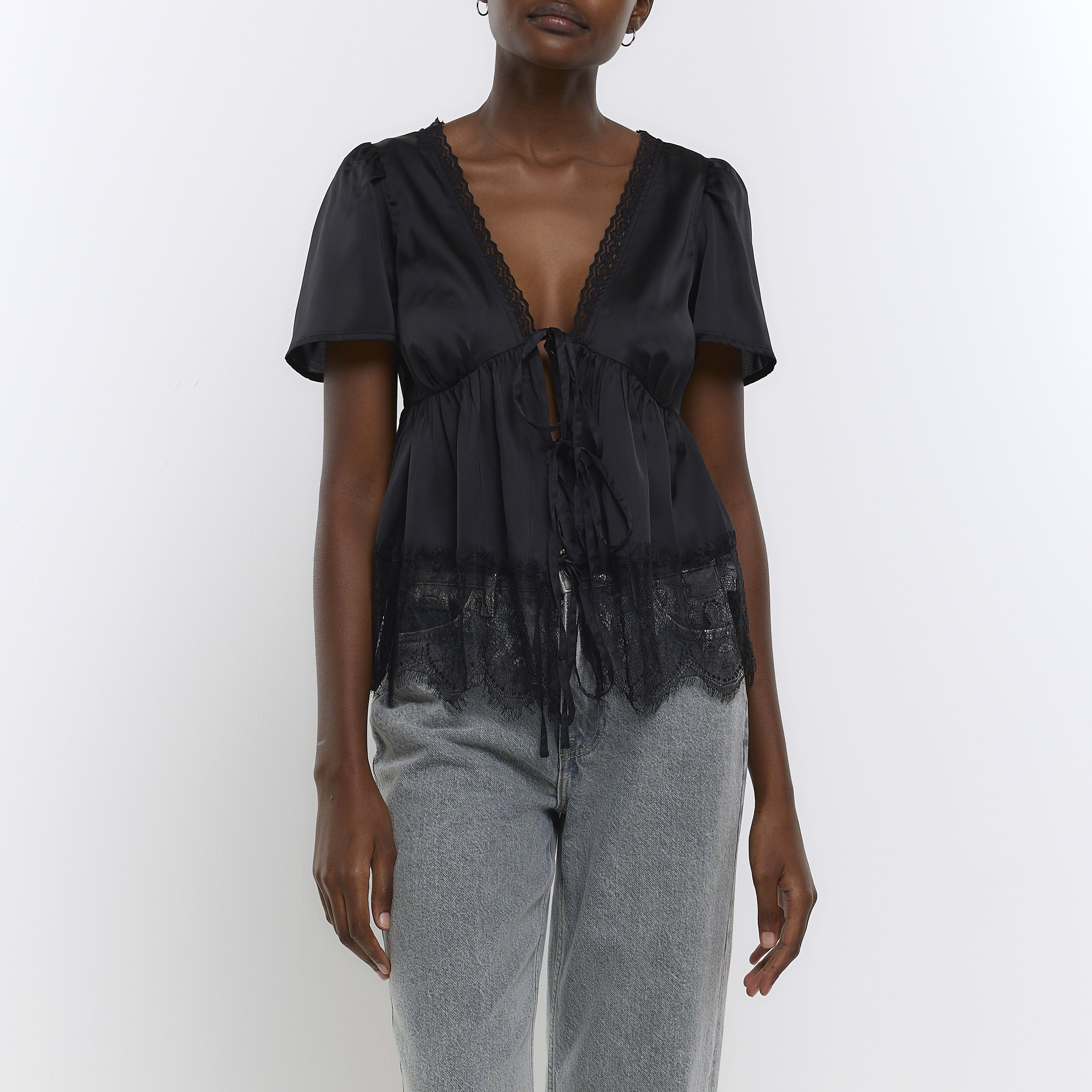 River Island Womens Blouse Black Satin Lace Trim