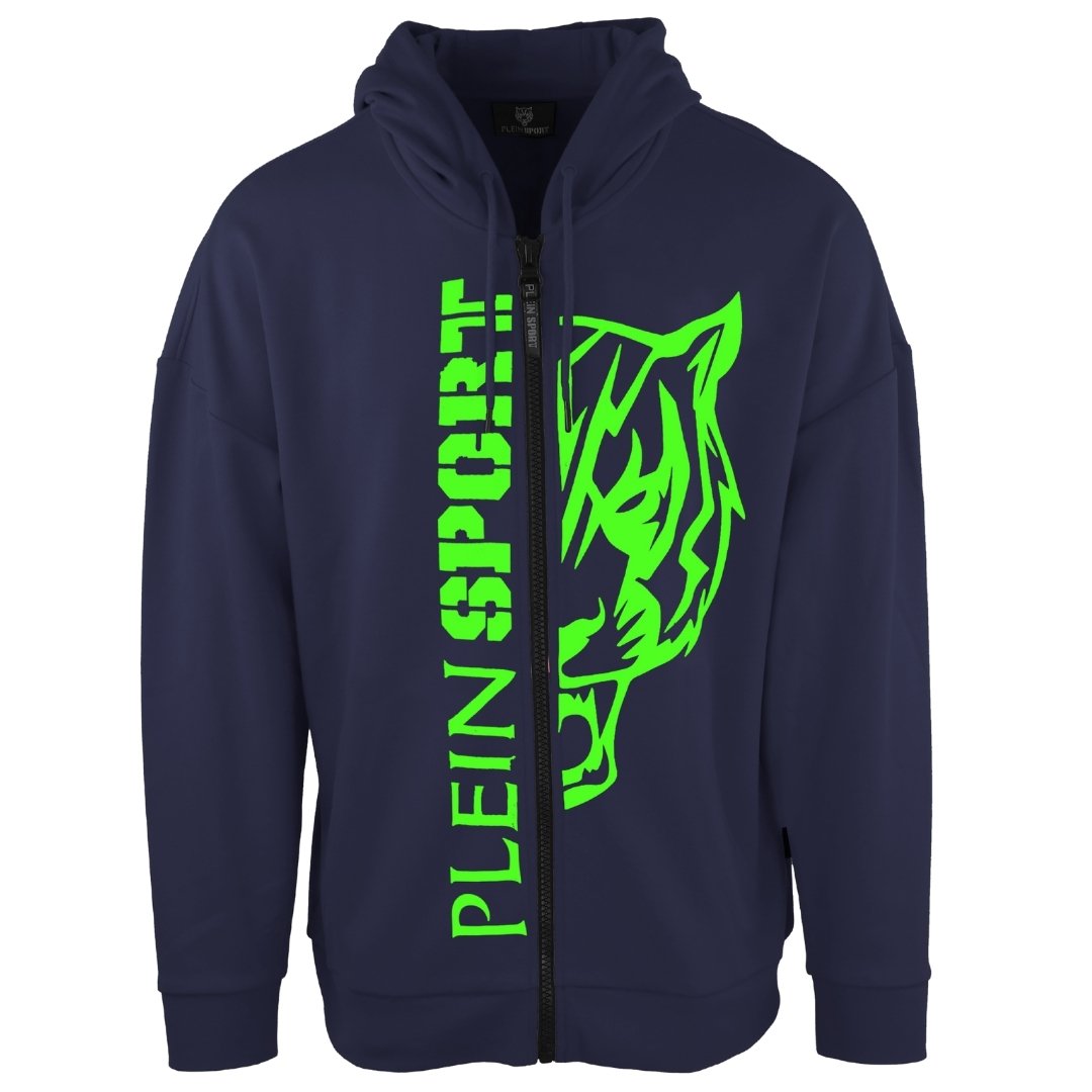 Plein Sport groot groen logo marineblauwe hoodie met rits