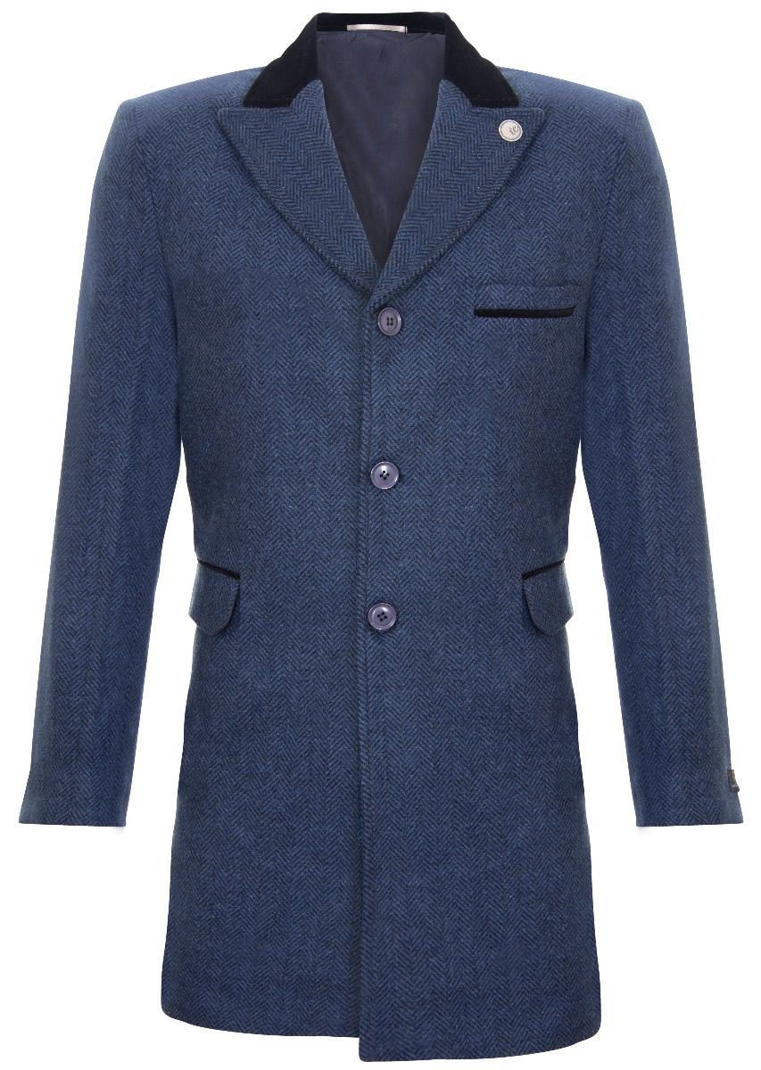 Mens 3/4 Long Navy Crombie Overcoat Jacket Herringbone Tweed Coat Peaky ...