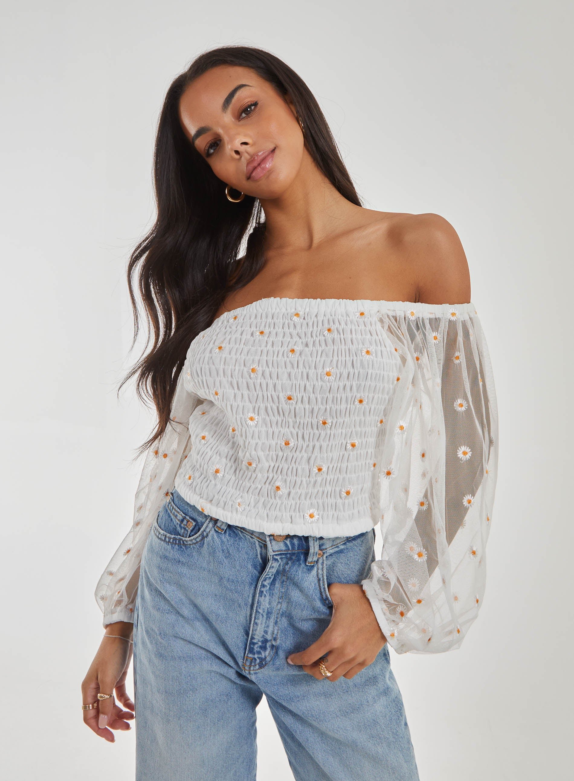 Shirred Mesh Daisy Top