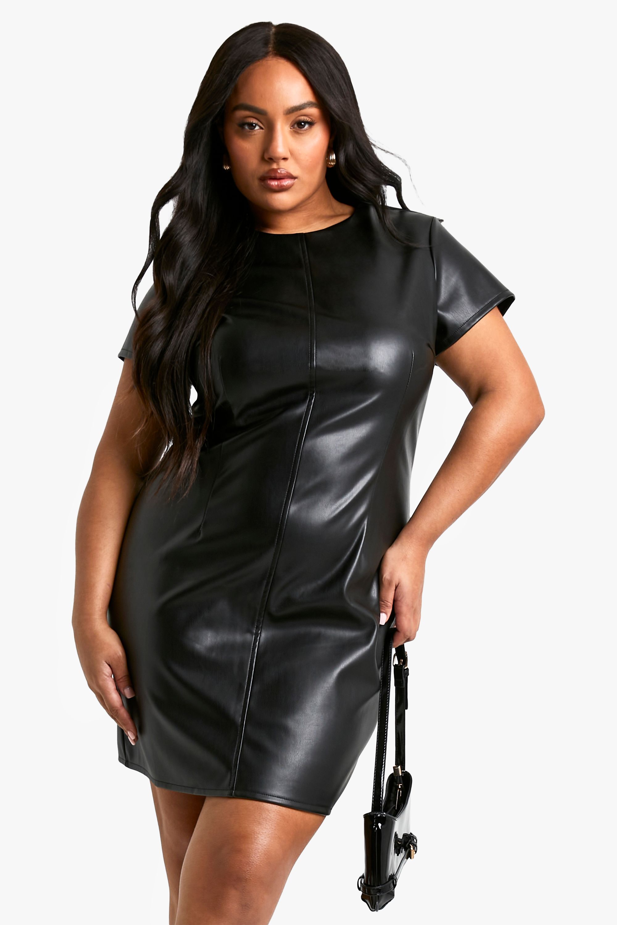Plus PU Cap Sleeve Shift Dress