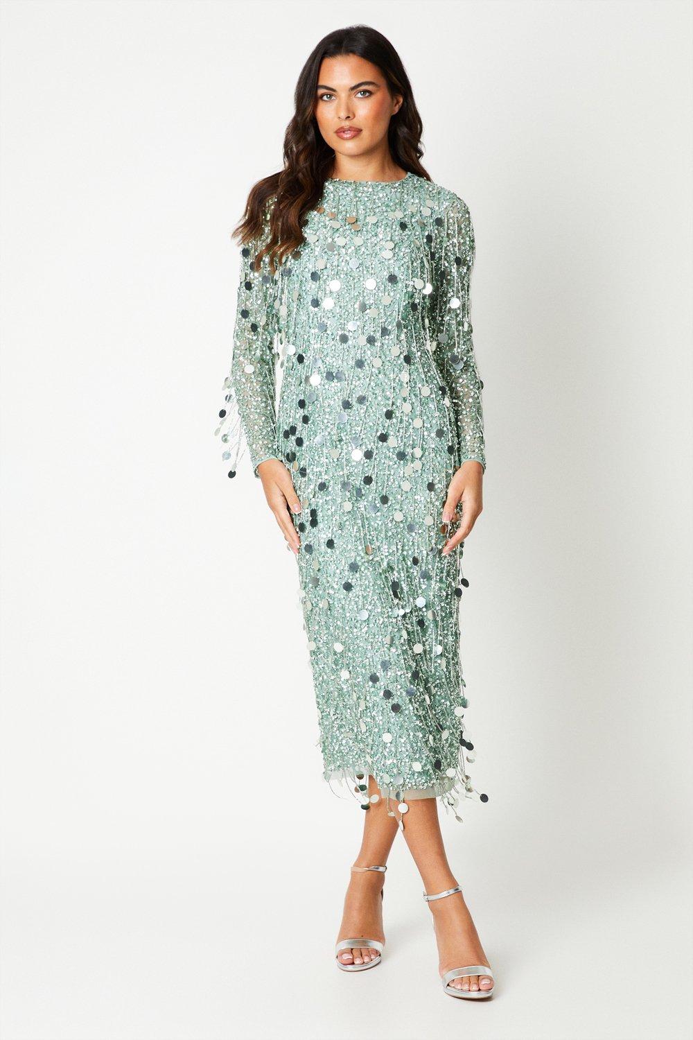 Premium Embellished Fringe And Disc Sequin Column Dress